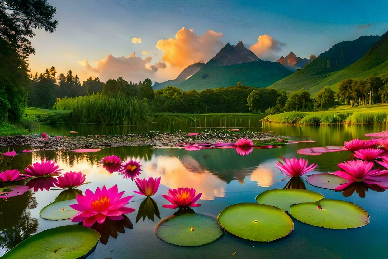 the beautiful landscape of the lake with pink lotus flowers and ...