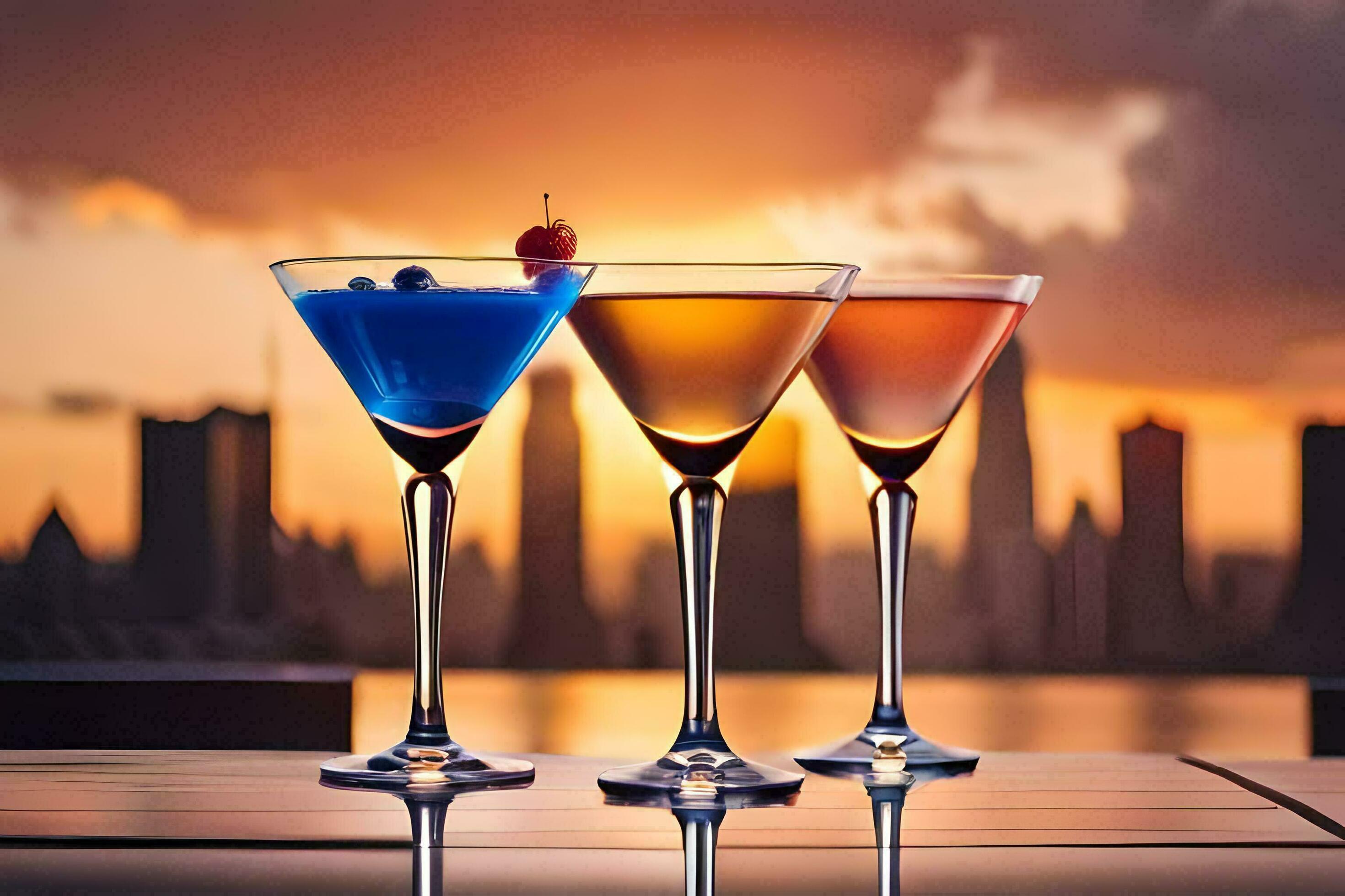 three martini glasses with colorful drinks on a table in front of a city skyline. AI-Generated ...