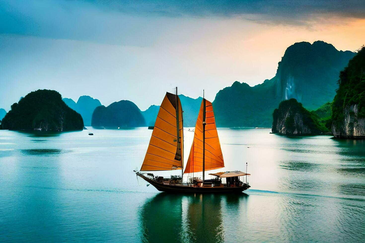 a boat with yellow sails in the water. AI-Generated 32383551 Stock Photo at Vecteezy