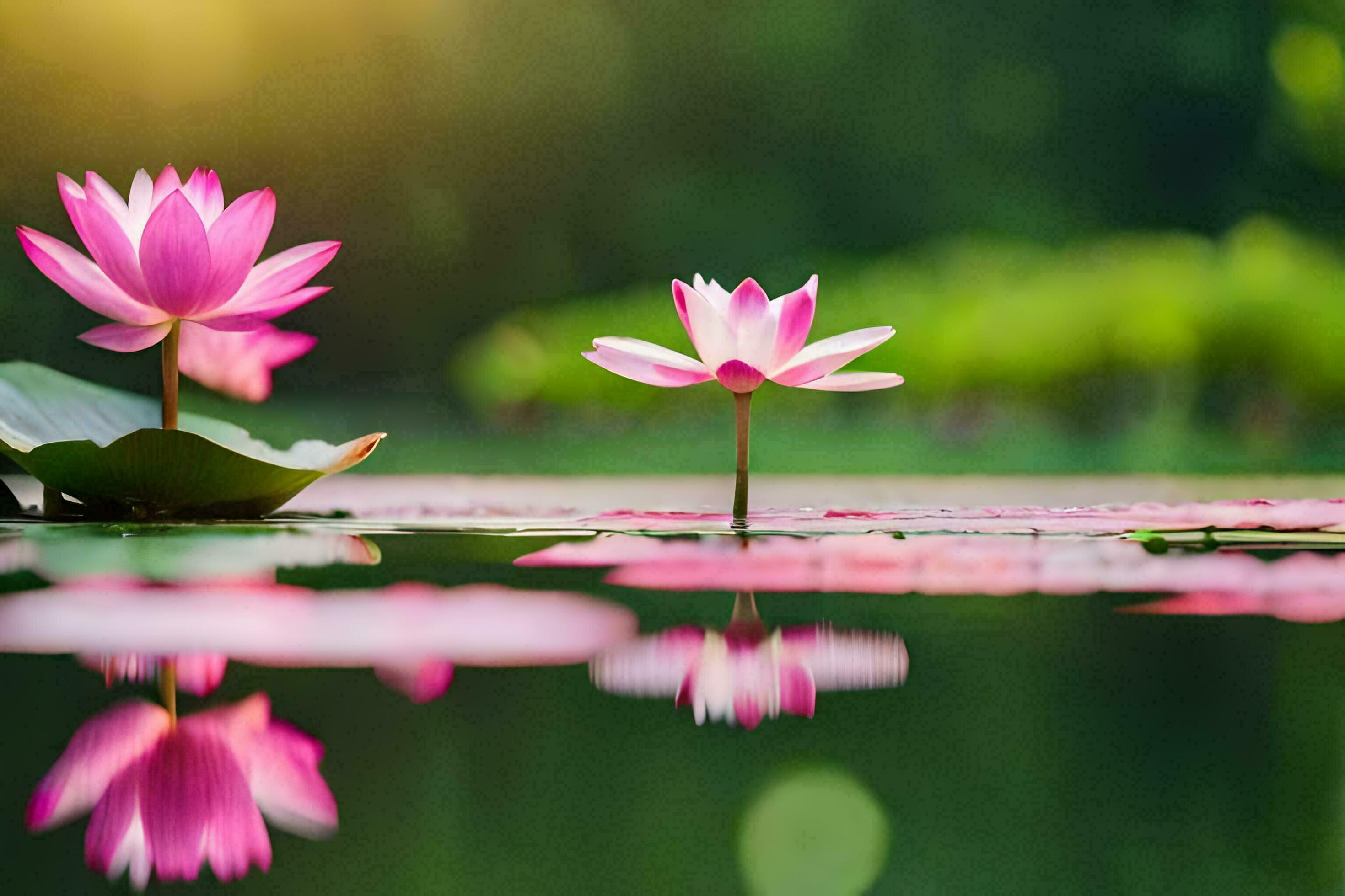 two pink lotus flowers are reflected in the water. AI-Generated 32384002 Stock Photo at Vecteezy