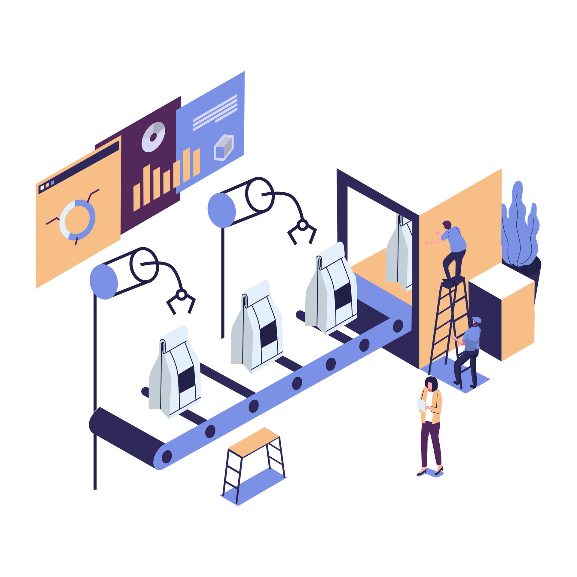 A Production Line With Workers Automation And User Interface Concept User Connecting With A