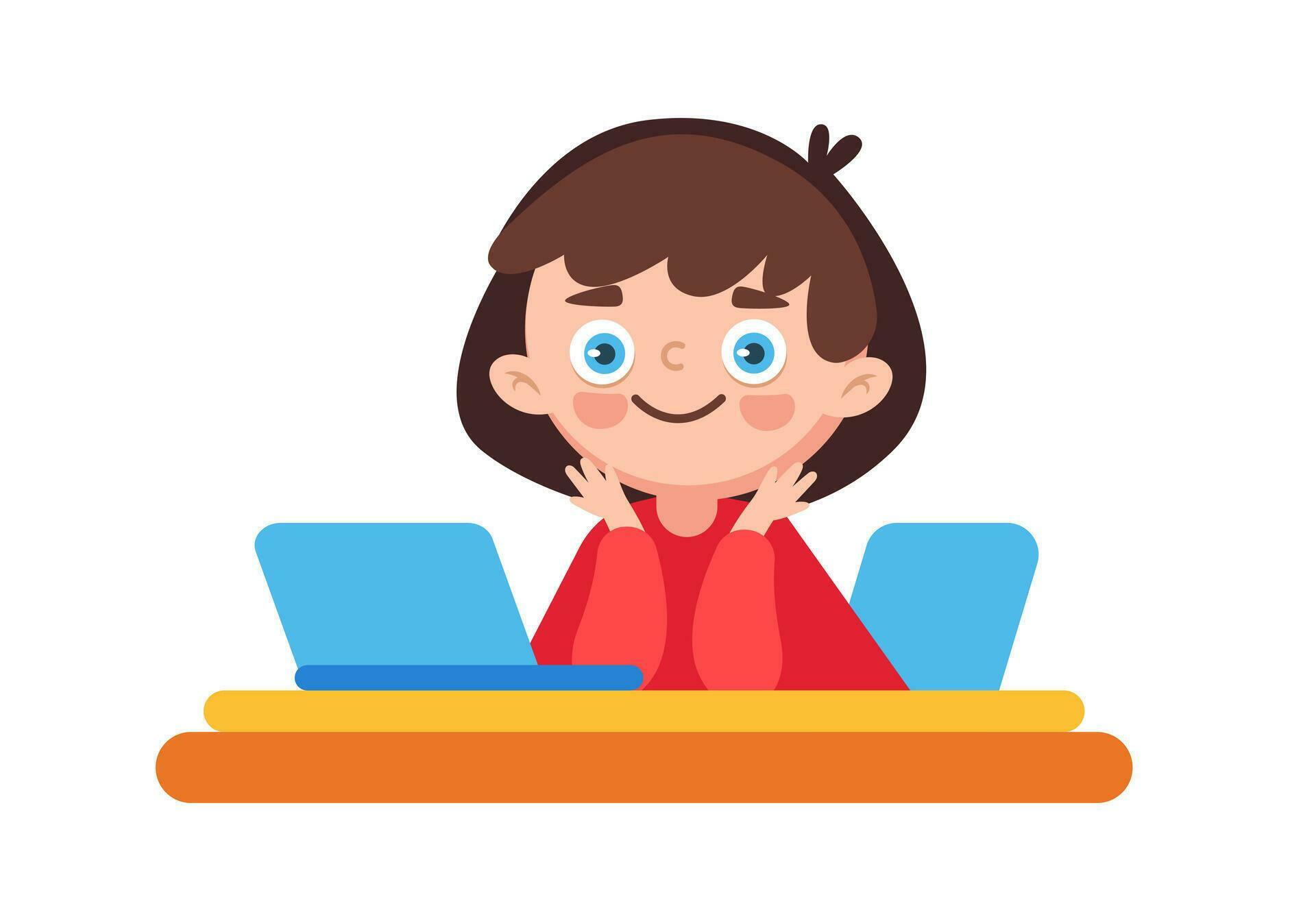 Vector Illustration Of A Smiling Girl Sitting At A Table Next To A