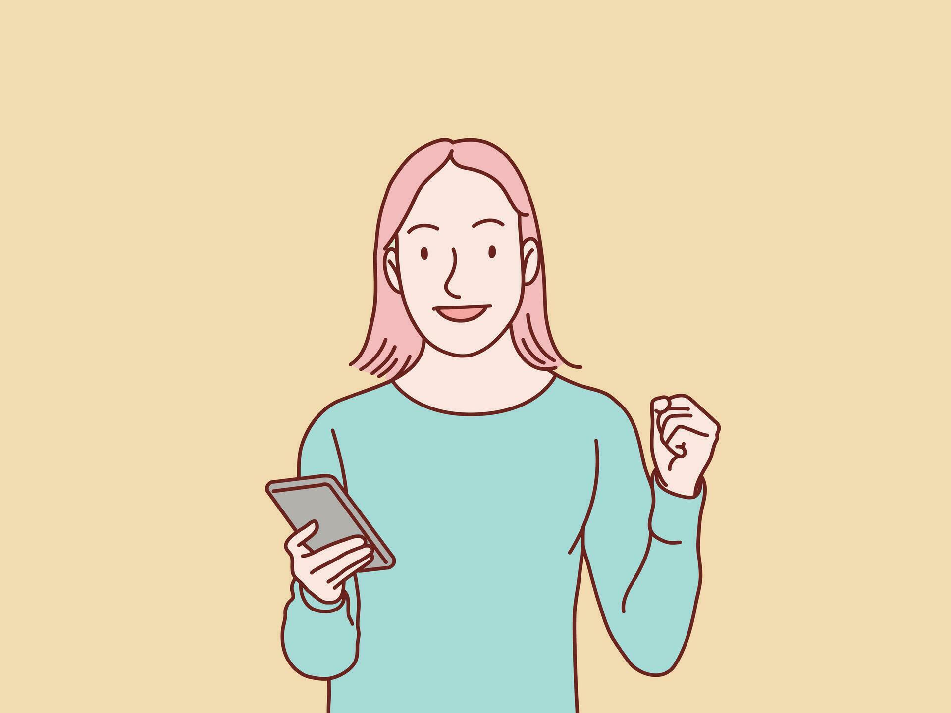 Joyful Woman Holding Smartphone Shaking Fist Yes Pose Simple Korean Style Illustration 32406119