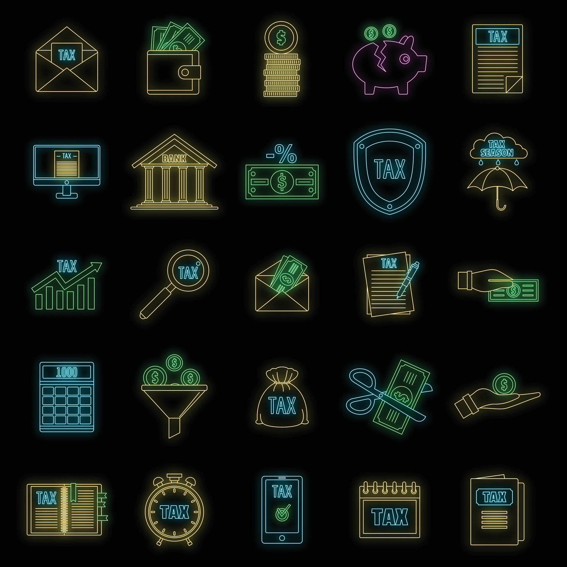 Taxes icons set vector neon 32407434 Vector Art at Vecteezy Taxes icons set vector neon 32407434 Vector Art at Vecteezy