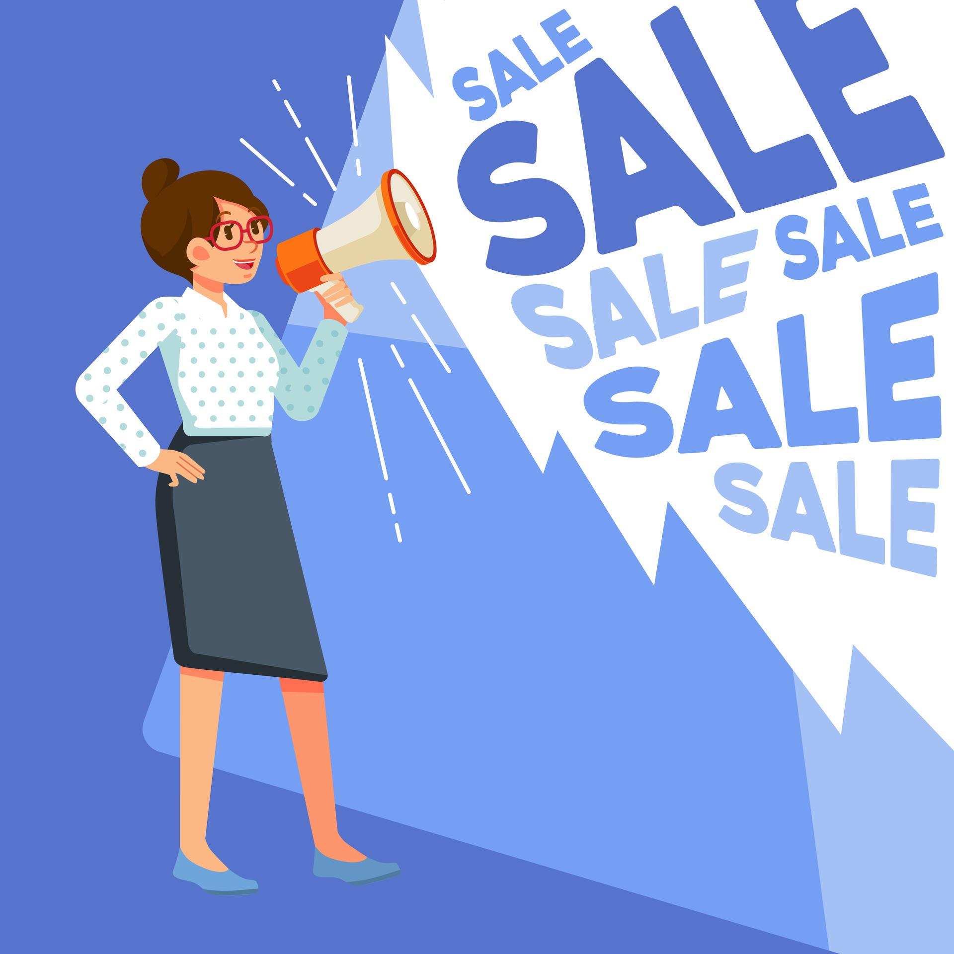 Happy sales woman holding megaphone shouting loud calls customers announcing sale Promotion ...