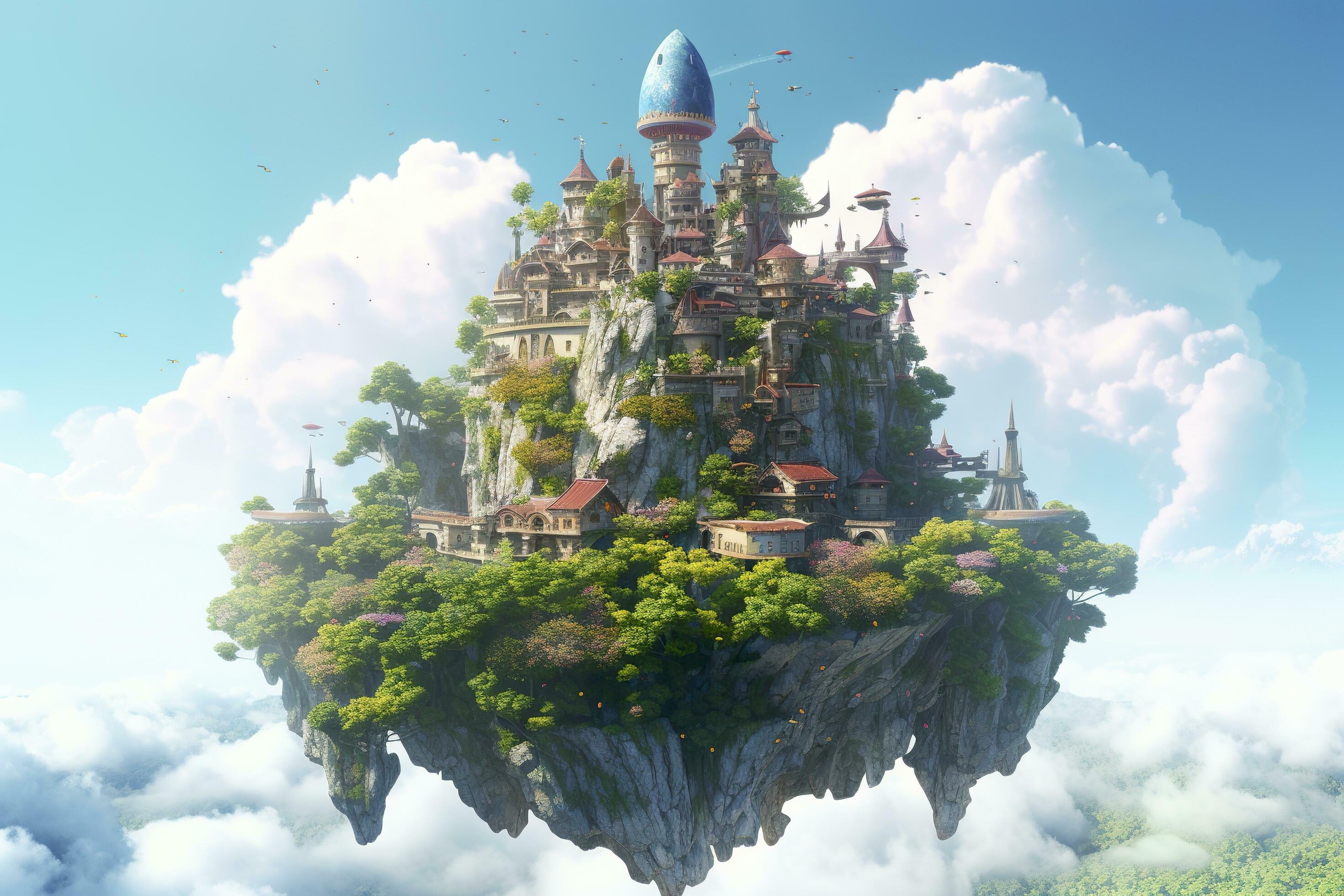 Ancient Heavenly Floating island in the sky with a castle, vibrant, fantasypunk, AI Generative ...
