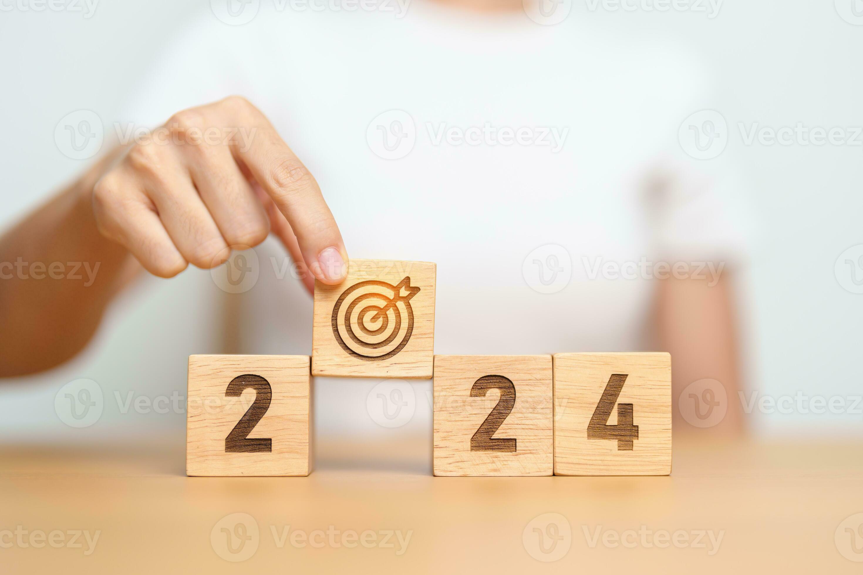 2024 year block with dartboard icon. Goal, Target, Resolution, strategy, plan, Action, mission ...