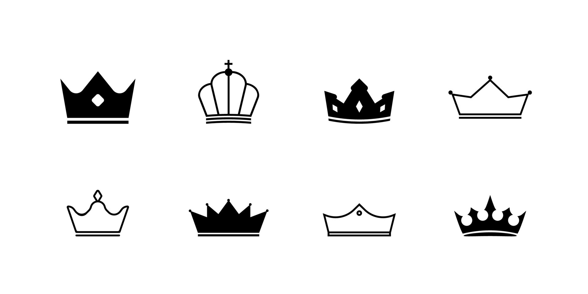 Black Medieval Crown Icon Set Sketch Monarch Diadem Of Royalty And