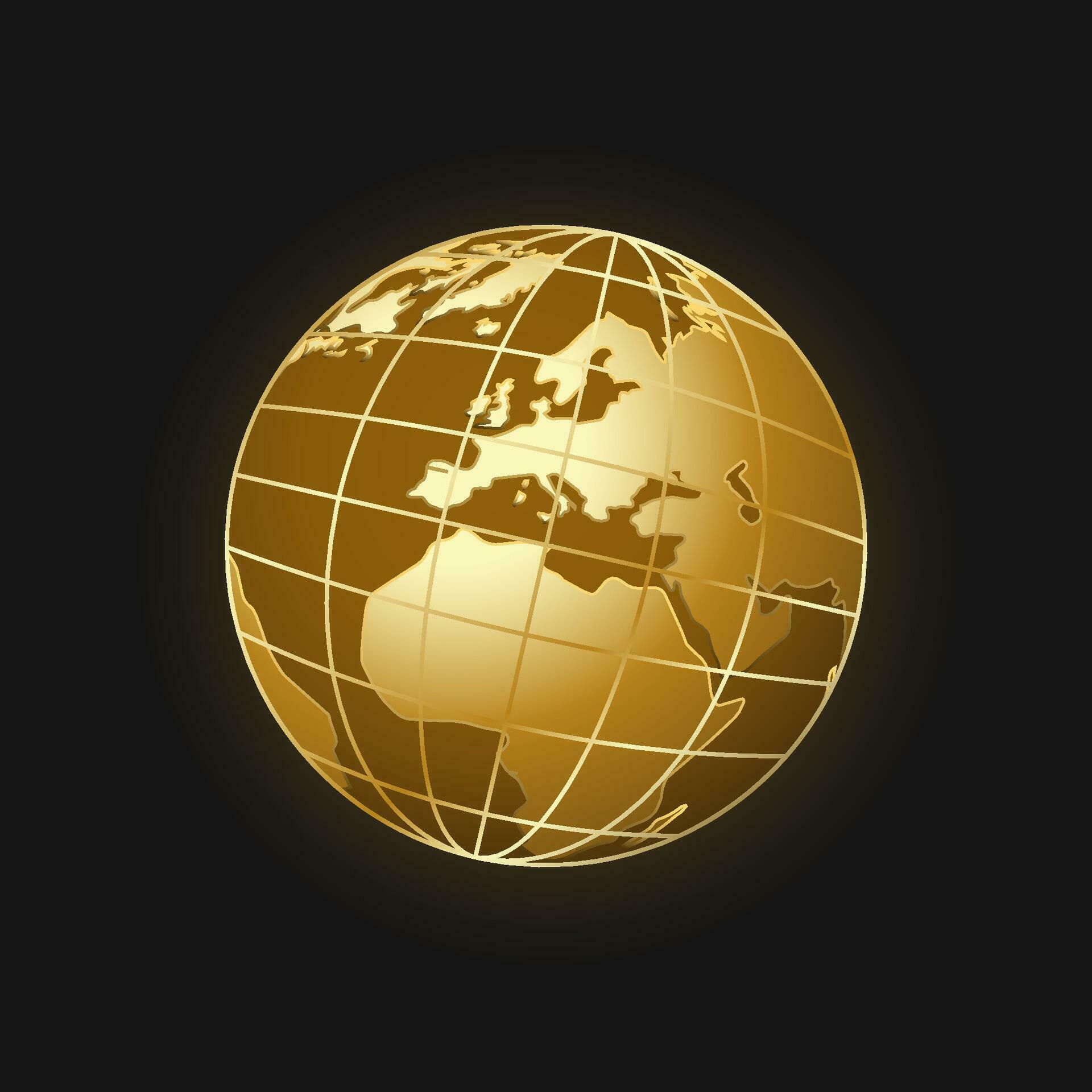 Gold digital 3d planet digital earth. Global seas and business oceans with geographic lands for ...