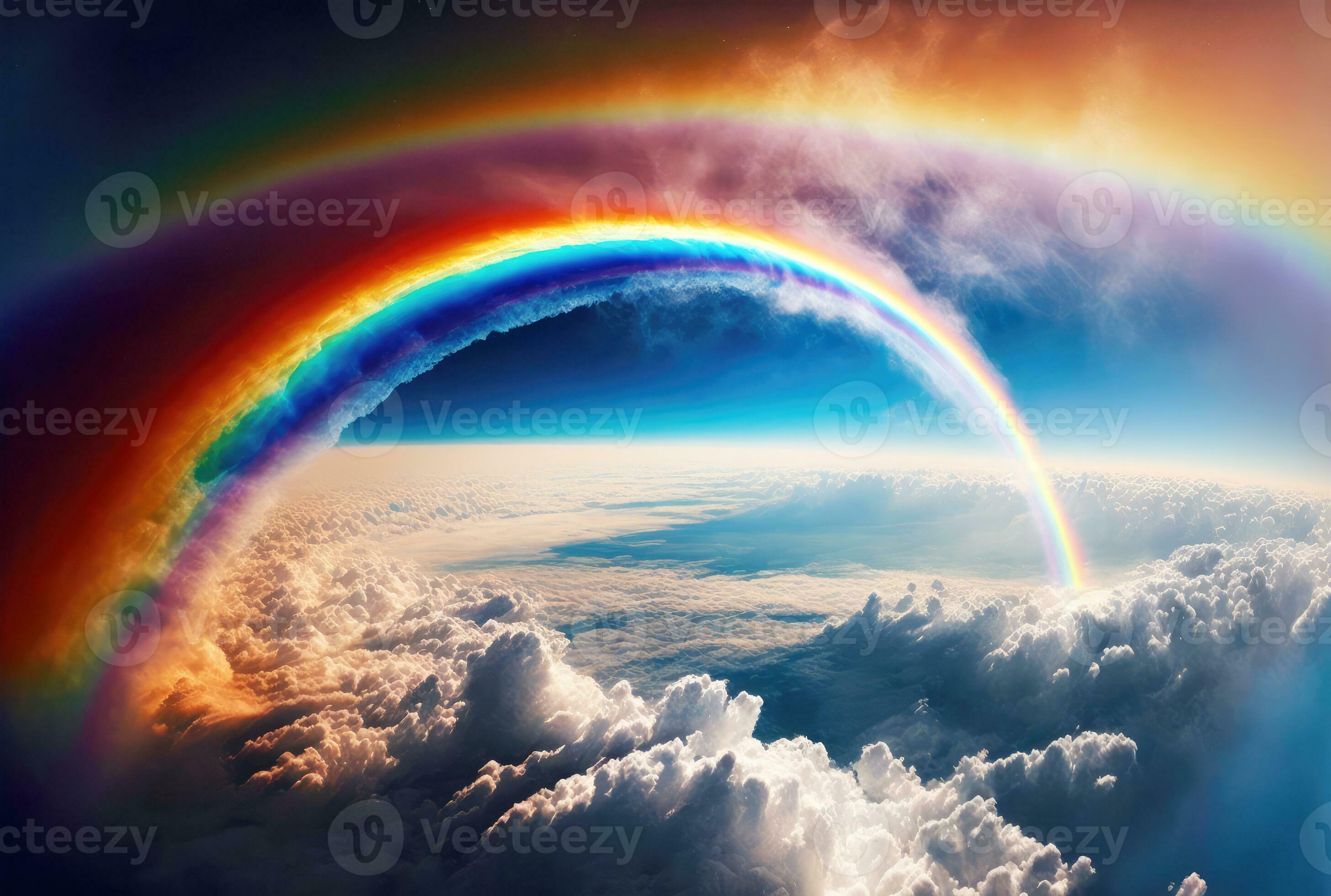 Rainbow above clouds in blue sky. Wide angle. Generative AI 32424160 Stock Photo at Vecteezy