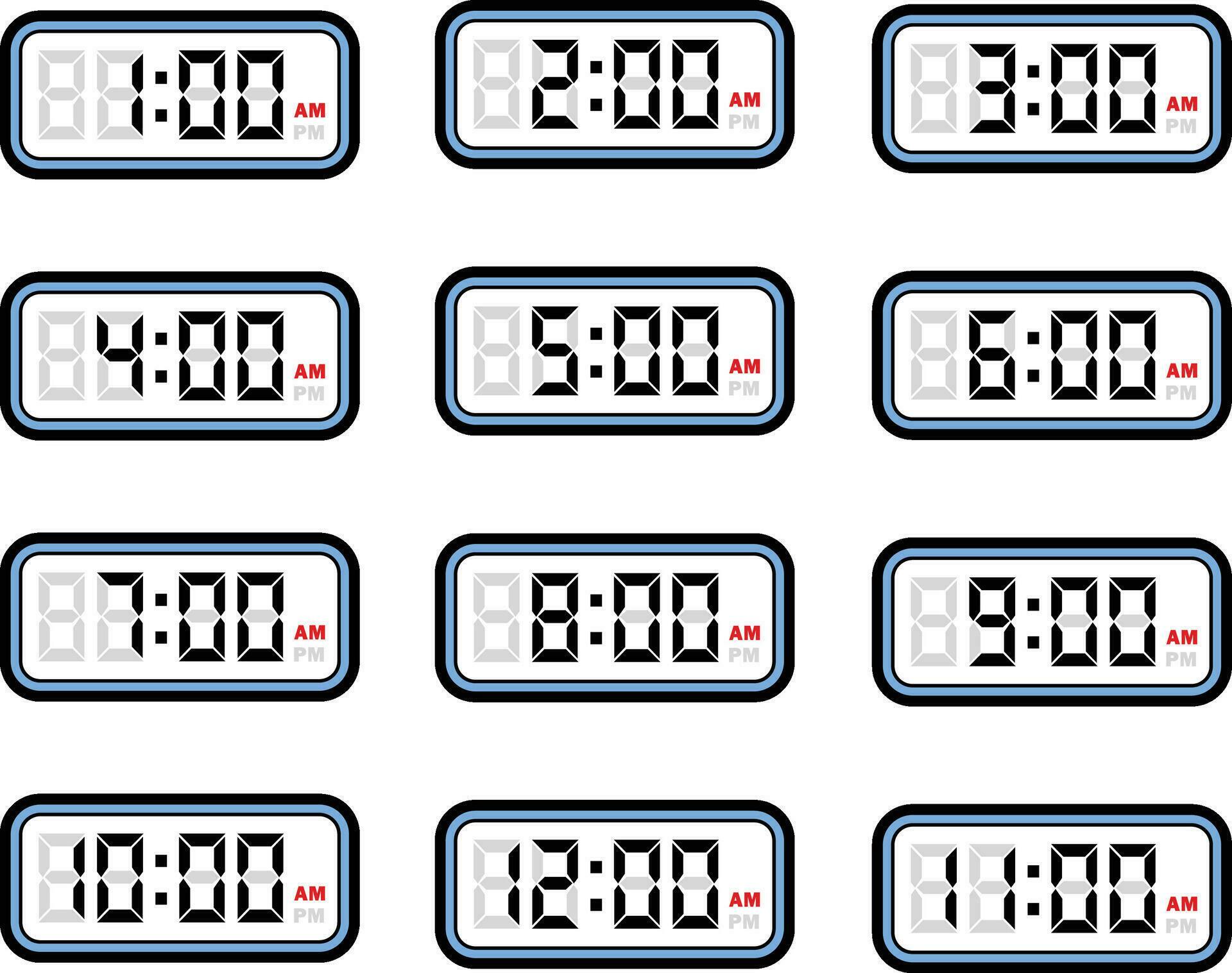 Digital Clock Time Flat Vector Set with 12 Hours Format, Digital Number ...