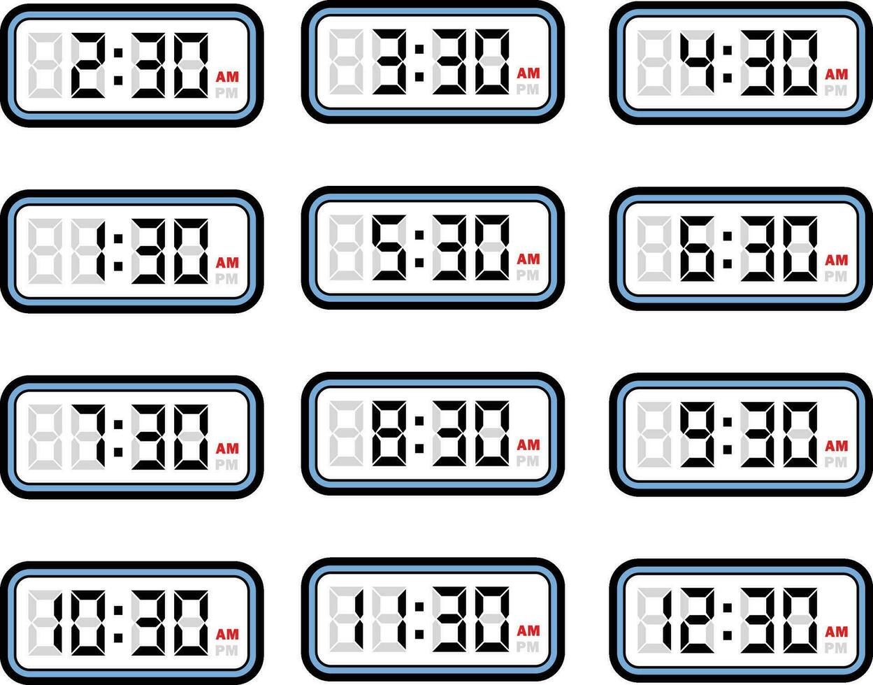 Digital Clock Time Flat Vector Set with 12 Hours Format, Digital Number ... Digital Clock Time Flat Vector Set with 12 Hours Format, Digital Number ...