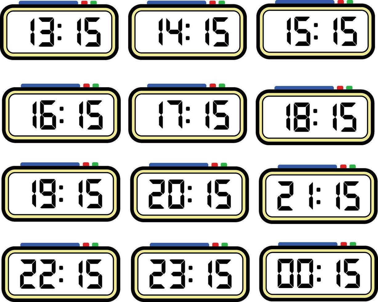 Digital Clock Time Flat Vector Set with 24 Hours, Digital Number ...