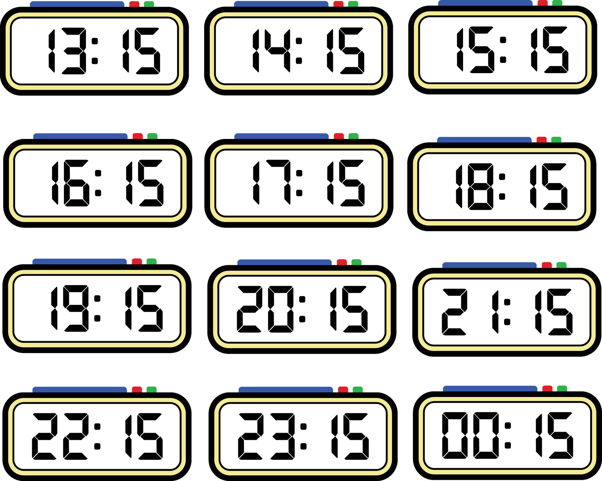 Digital Clock Time Flat Vector Set with 24 Hours, Digital Number ...
