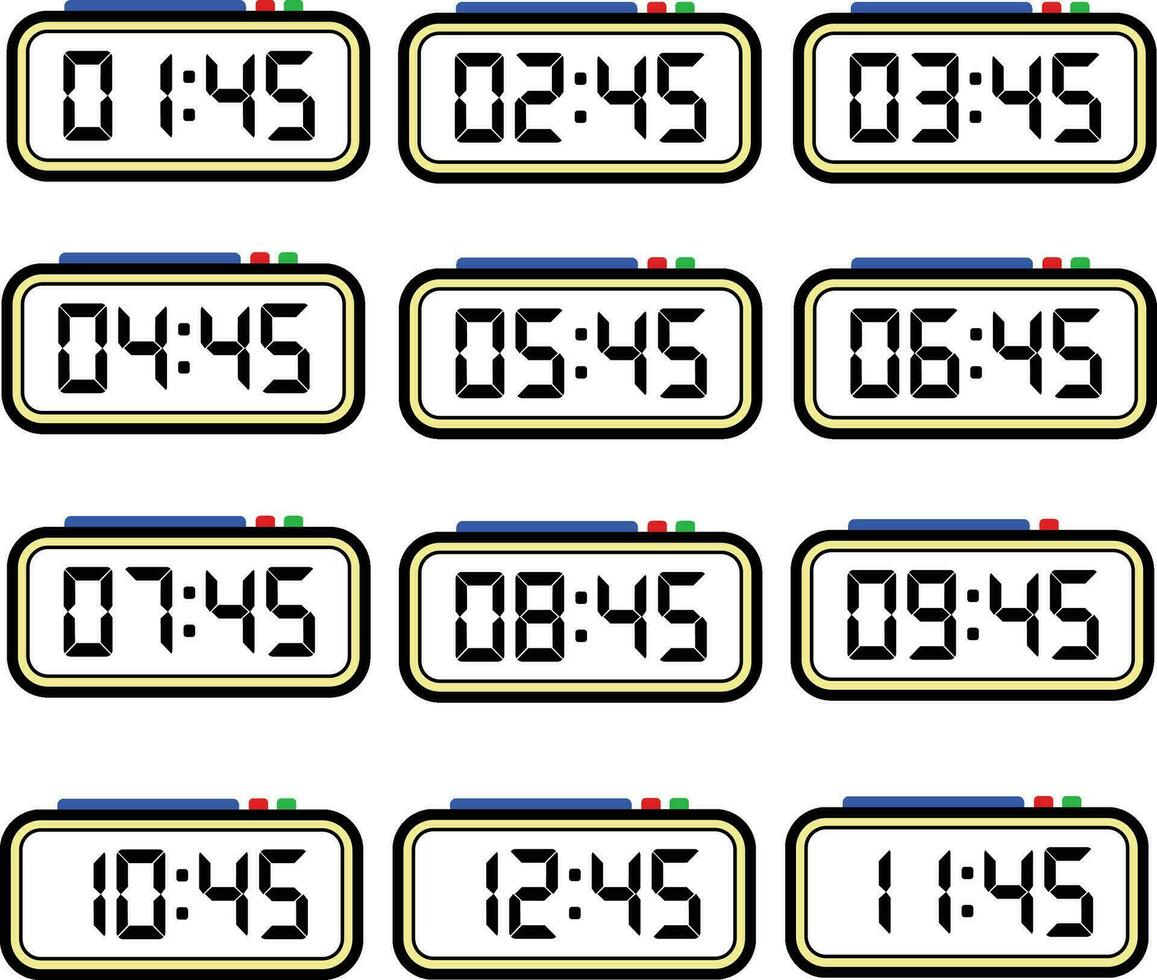 Digital Clock Time Flat Vector Set with 24 Hours, Digital Number ...