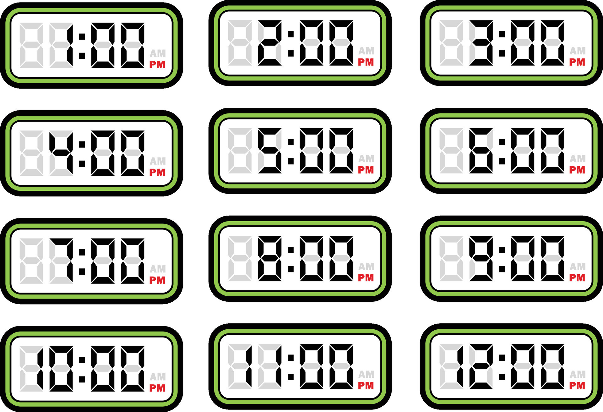 Digital Clock Time Flat Vector Set With 12 Hours Format Digital Number