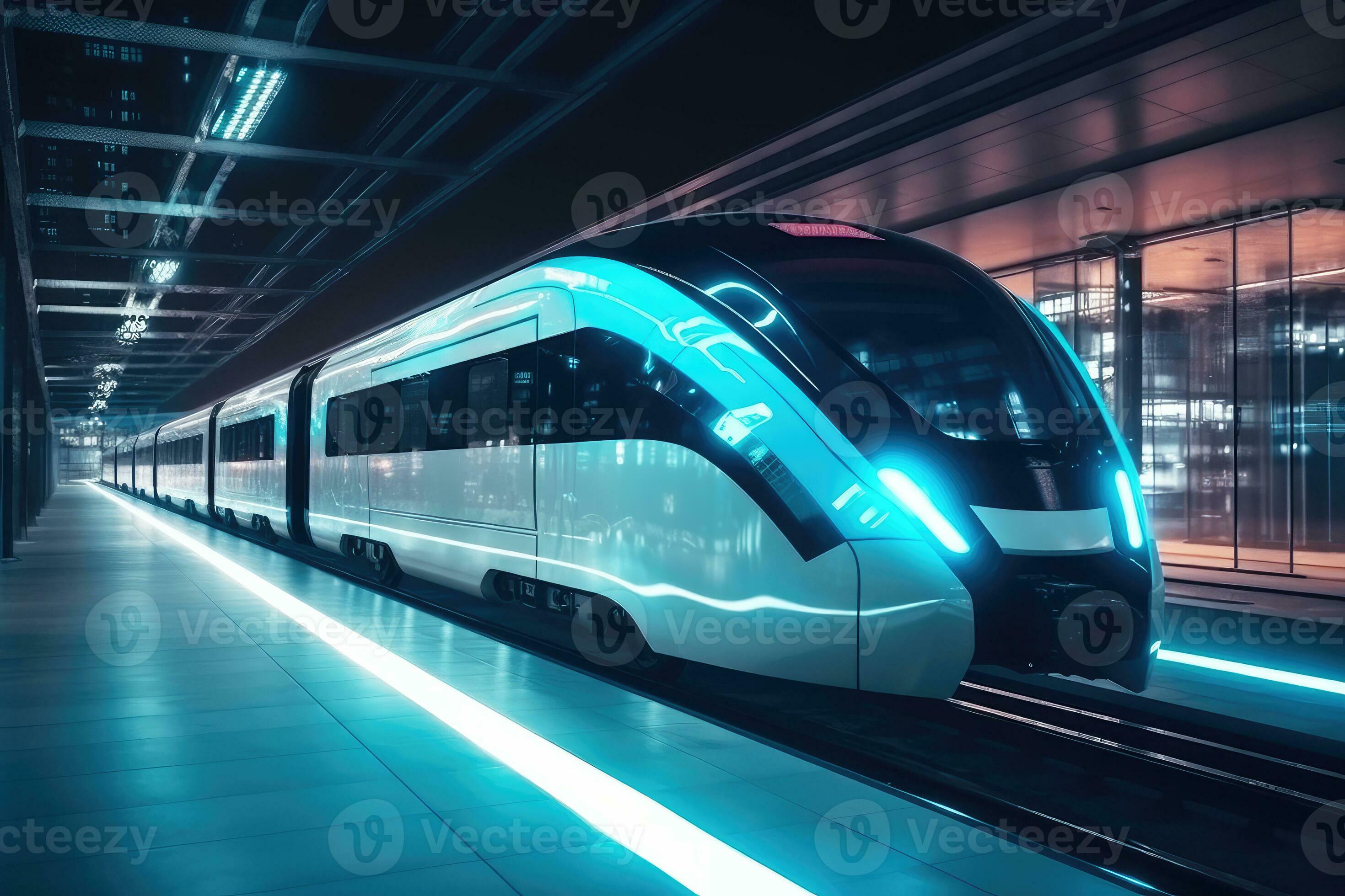 High-speed autonomous self-driving train at railway station at night. Generative AI 32427142 ...