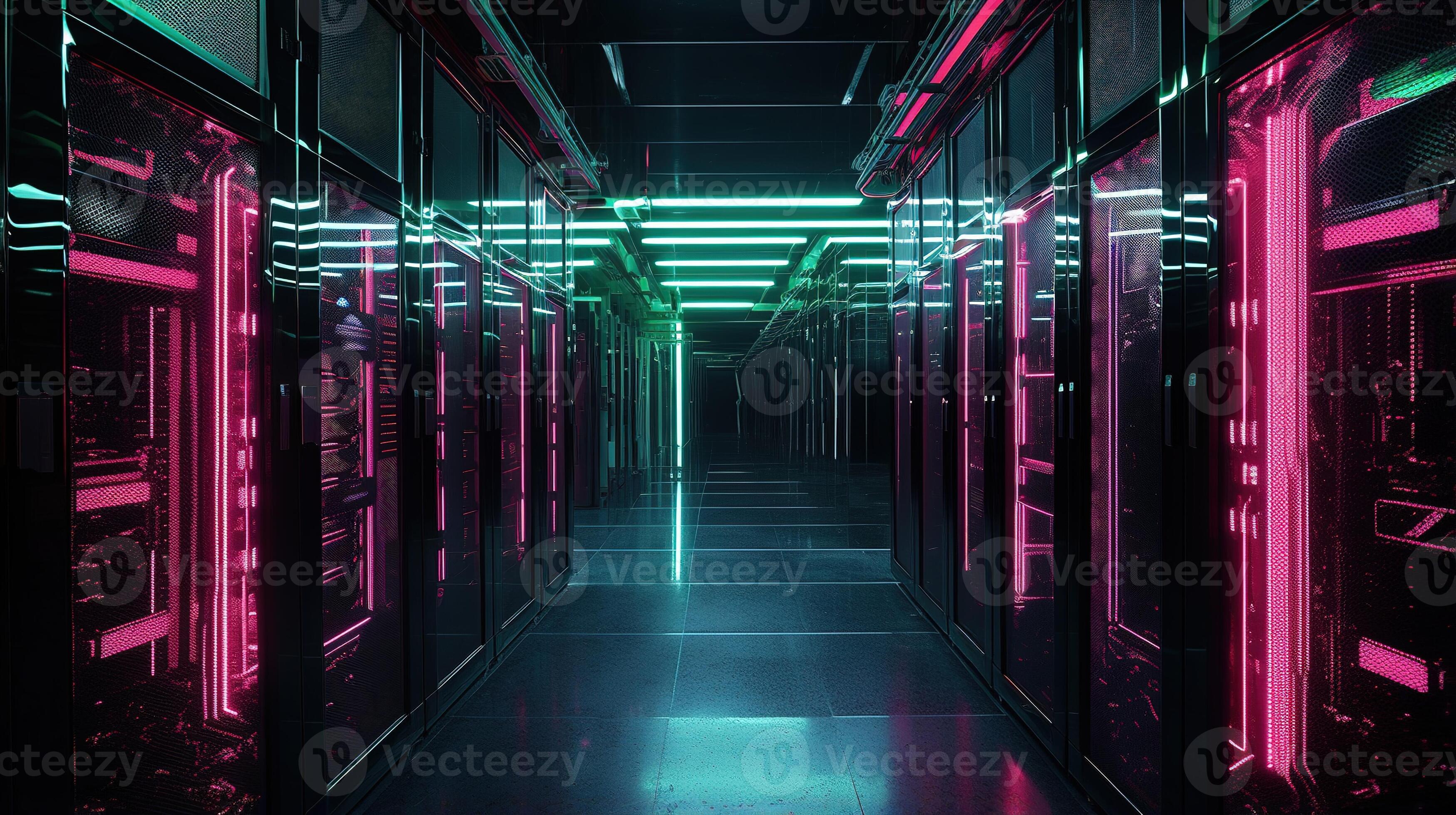 Generative AI, Data Center, modern high technology server room in neon ...