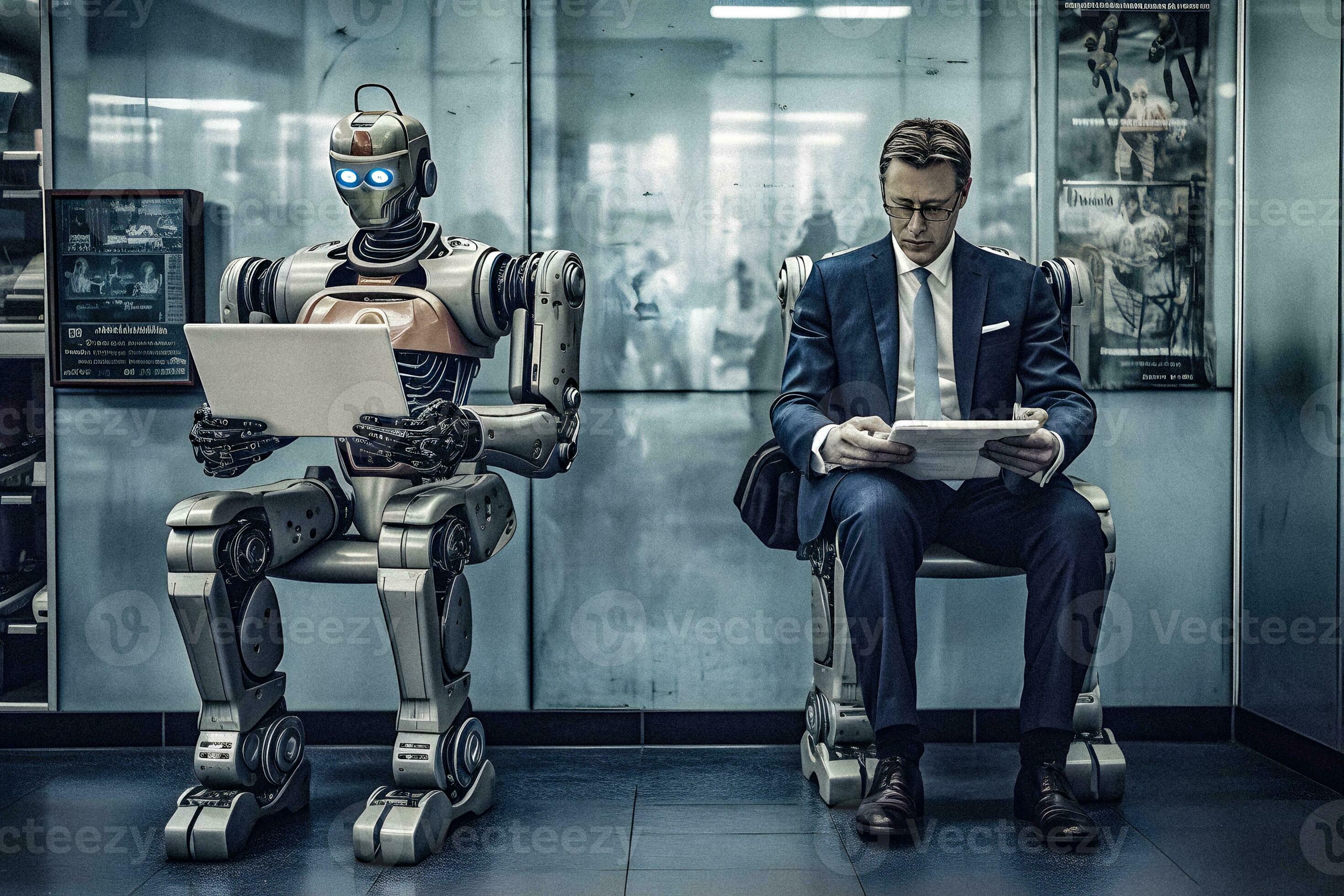 The Synergy of Man and Machine Man and robot in a waisting room ...