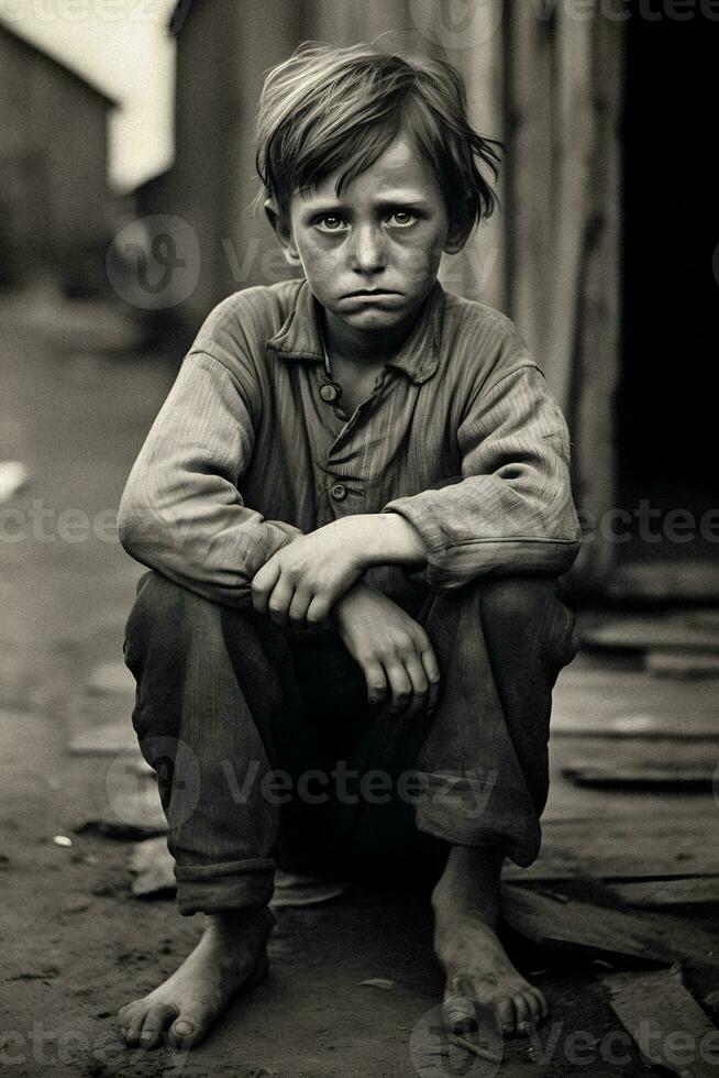Vintage BW Photo Poor Boy Amidst the Great Depression. Generative AI. 32433577 Stock Photo at ...