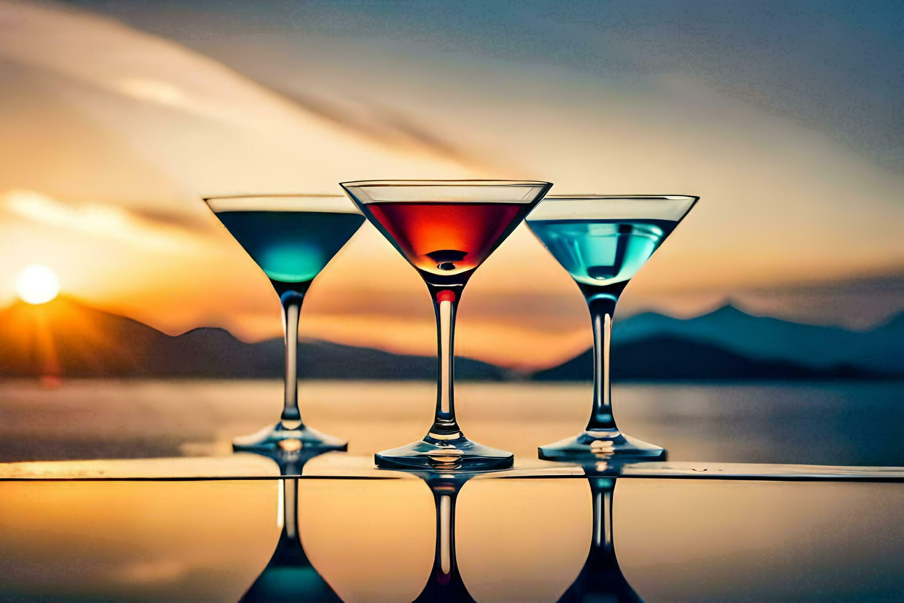 three martini glasses with different colors on the table. AI-Generated 32438050 Stock Photo at ...