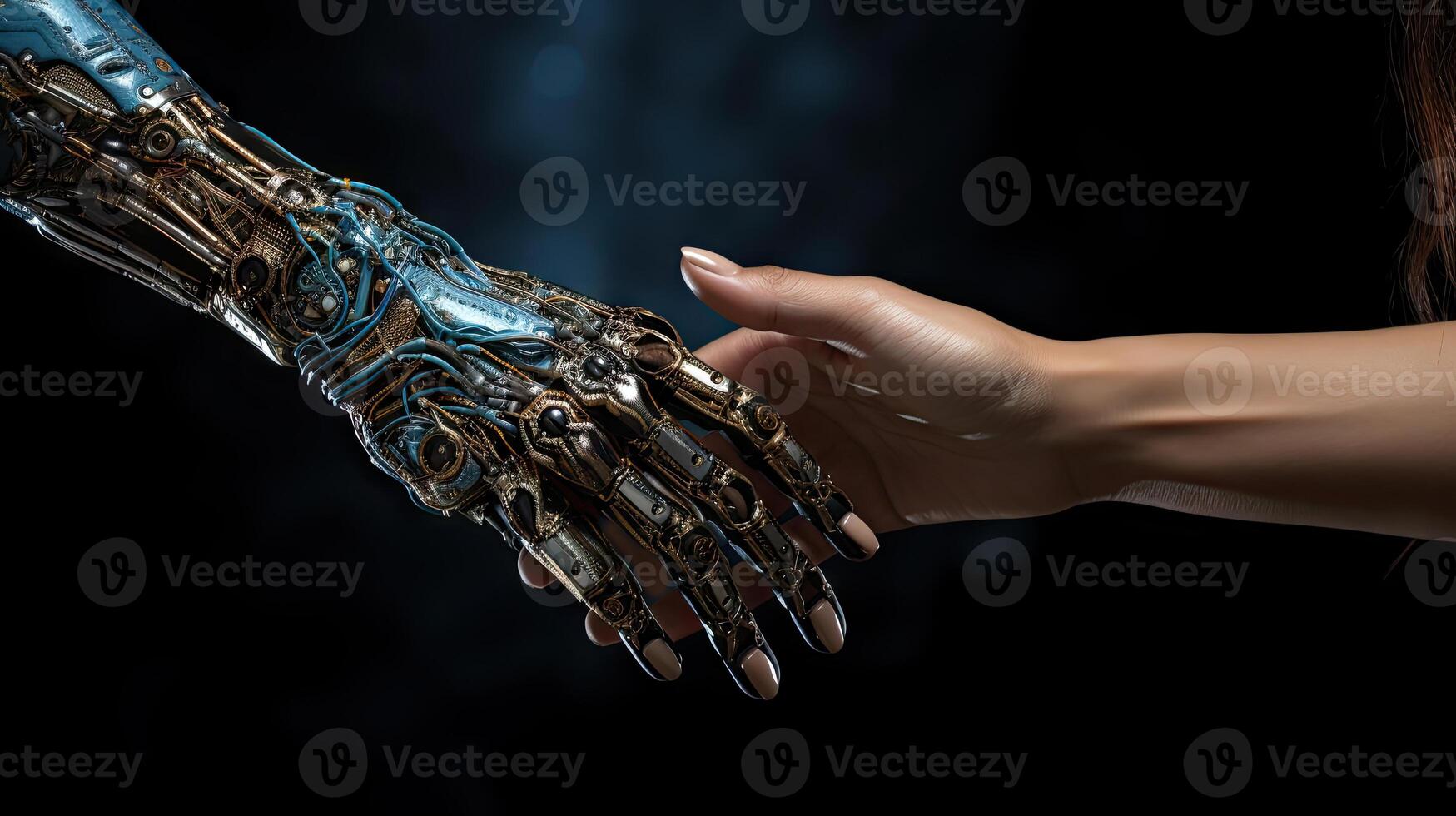 Robot hand touching human hand on dark background. Artificial intelligence, science technology ...