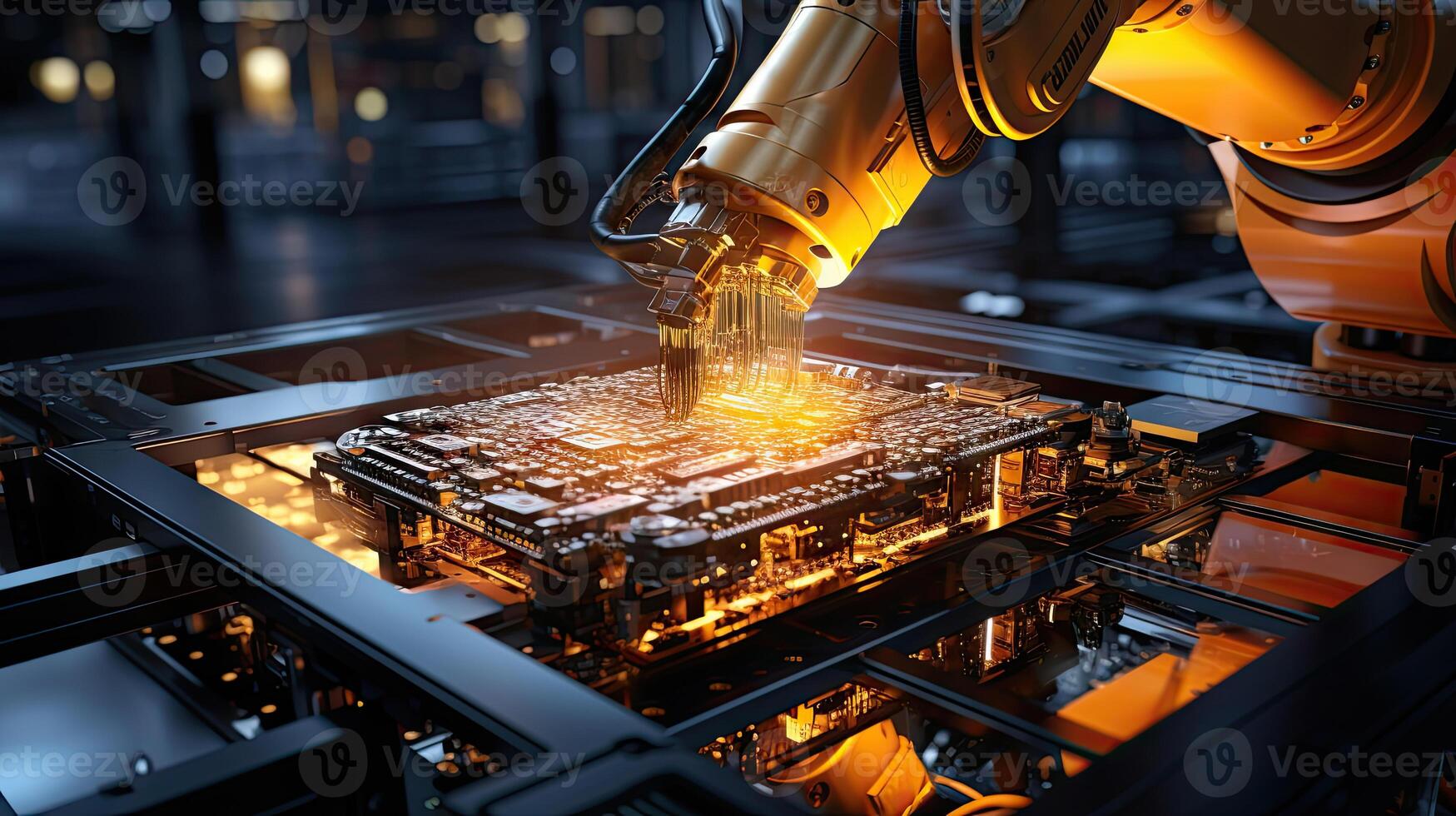 Robotic Arm Working On A Circuit Board In A Factory Advanced High Precision Robot Arms On Fully