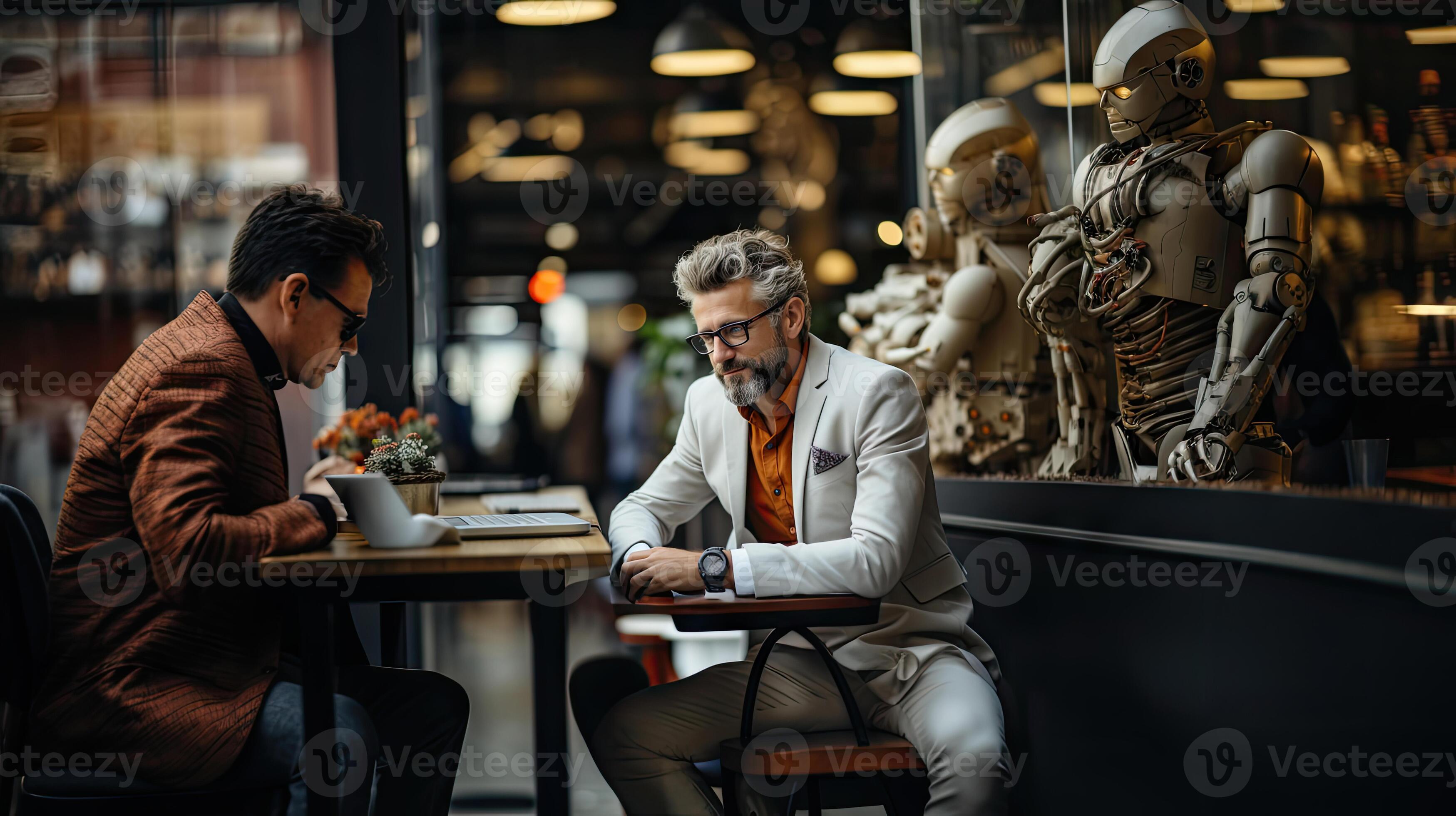 Businessman working while being served by robots. Smart cafe industry 4.0 concept. 32456497 ...