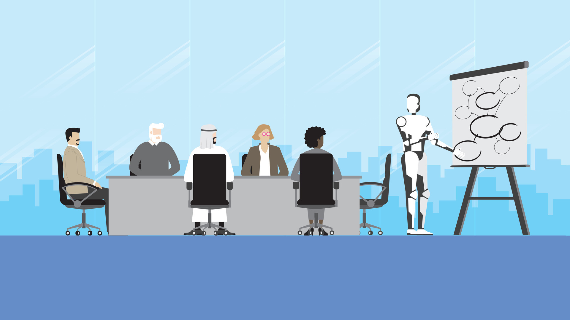 Diversity Businesspeople And Robot Colleagues In Office Meeting Room diversity-businesspeople-and-robot-colleagues-in-office-meeting-room