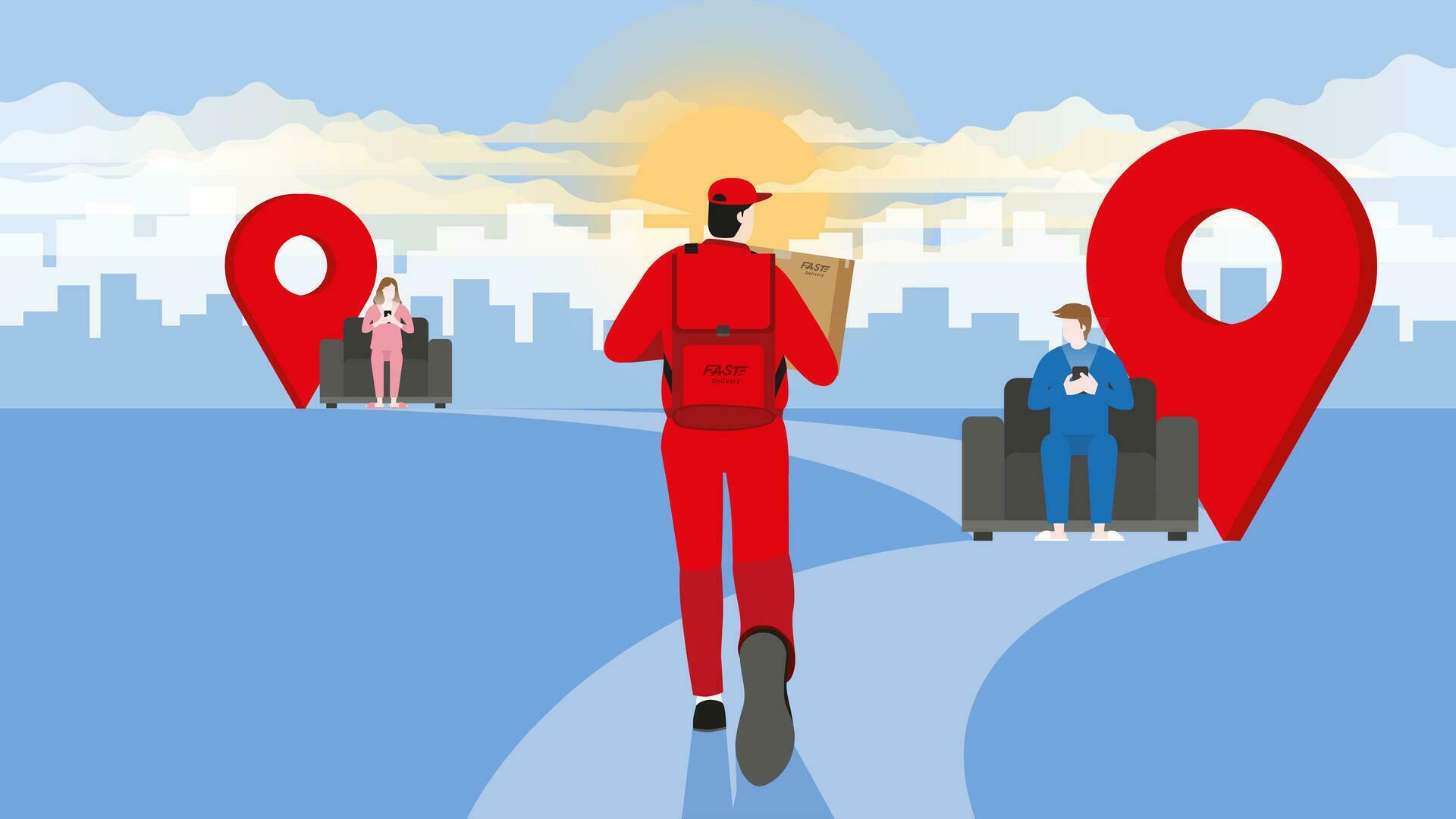 delivery man from express service company carry parcel box and run on pathway direction aim to ...