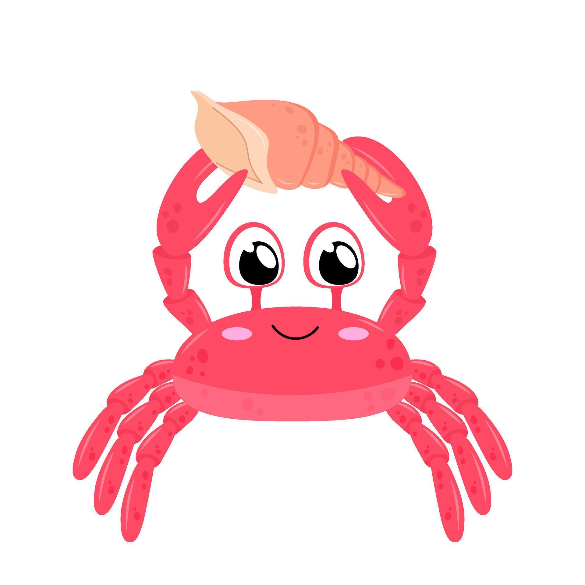 Crab holds a seashell in its claws. Cartoon illustration of a crab on a ...