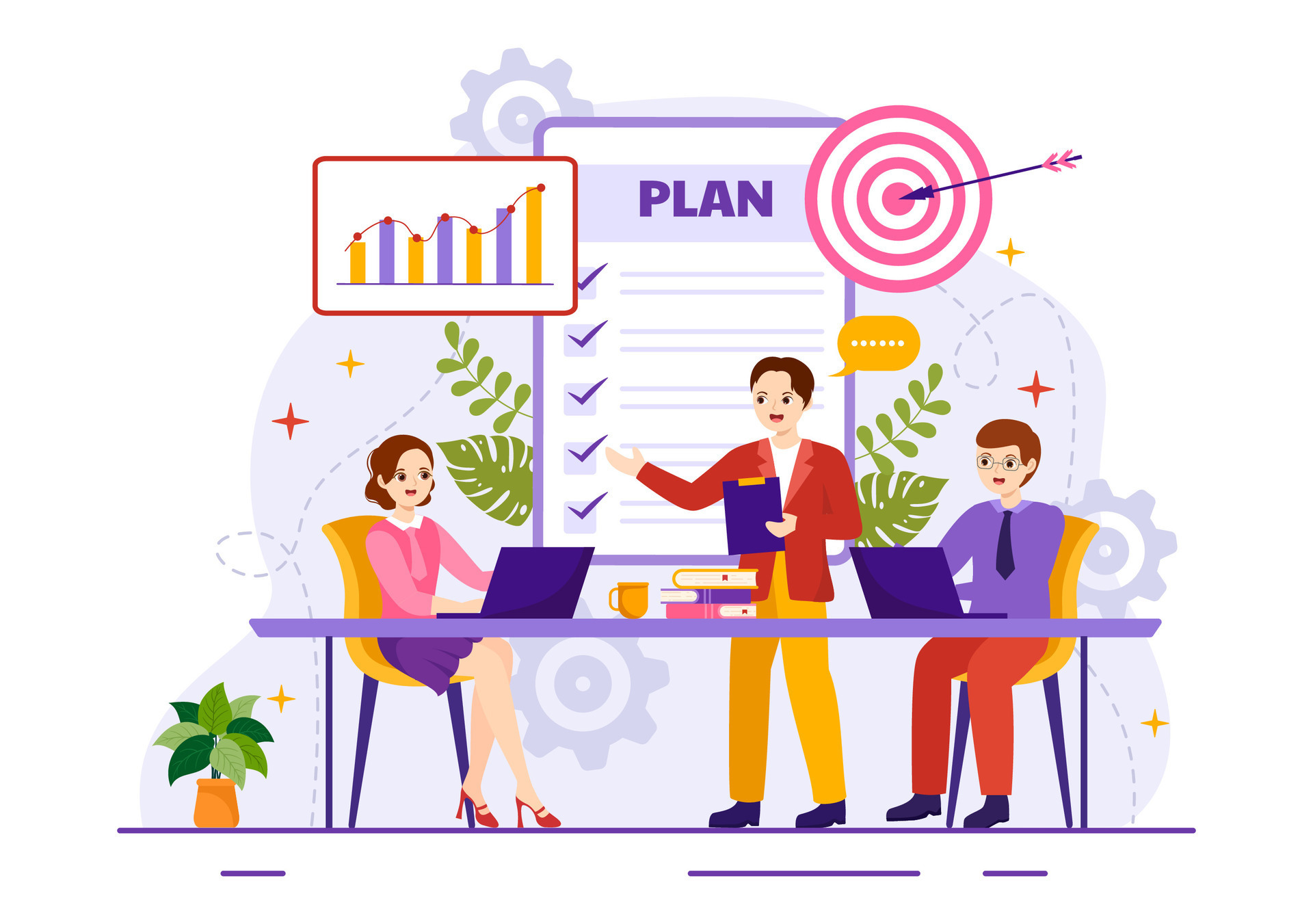 Business Plan Vector Illustration with Target, Planning, Workflow, Time ...