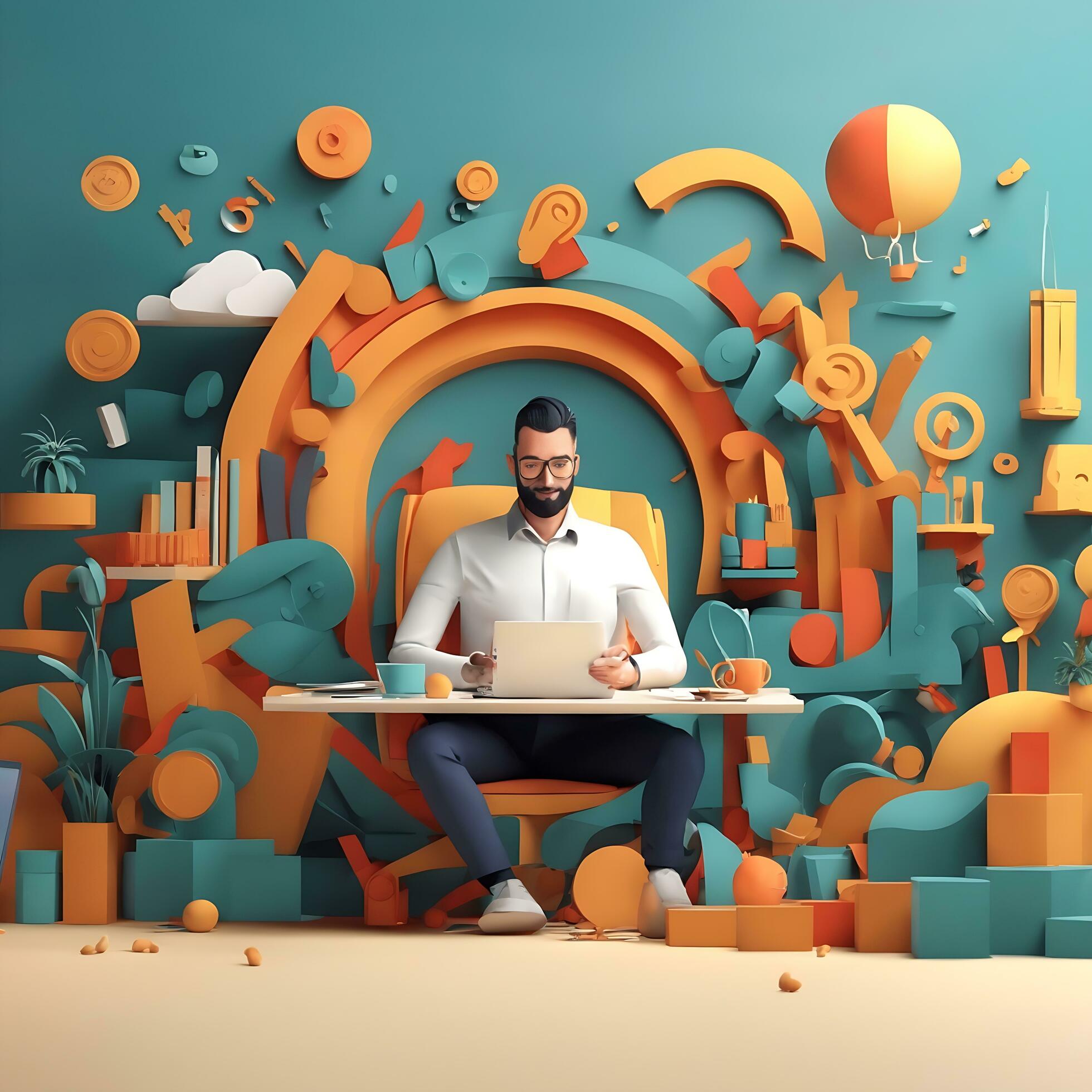 3d cartoon character and computer with open pages web analytics seo ...