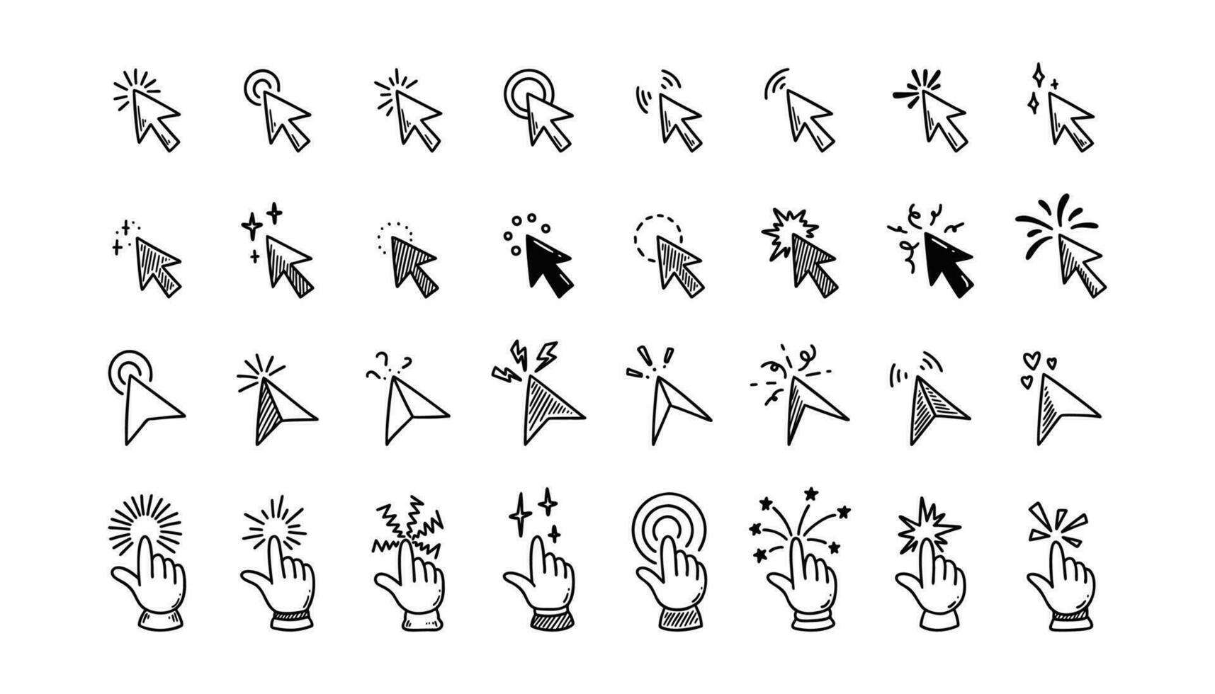 Doodle Click Icon Set Hand Drawn Mouse Cursor Press Here Tap Button Arrow And Finger Pointer