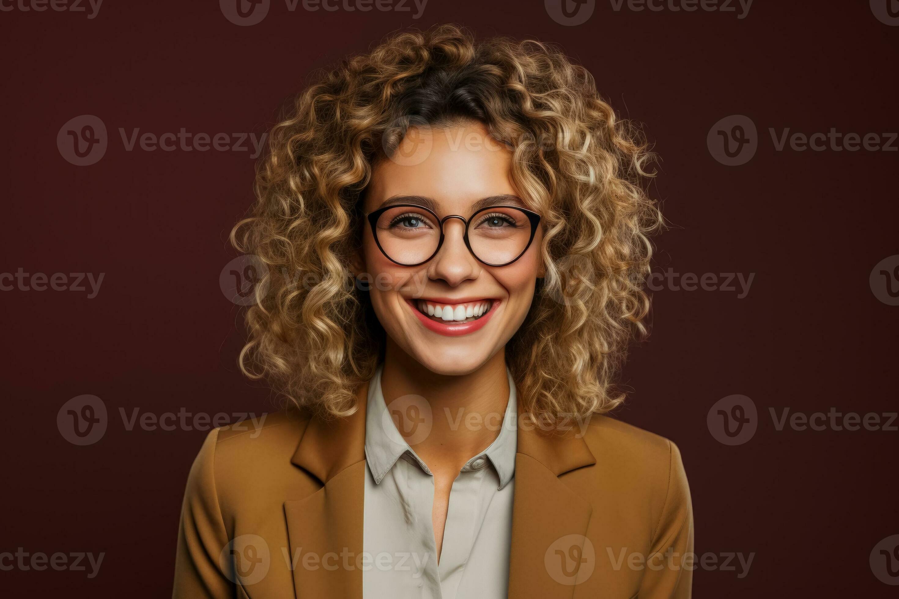 Smiling Young Blonde Woman In Business Jacket Curly Hair Glasses
