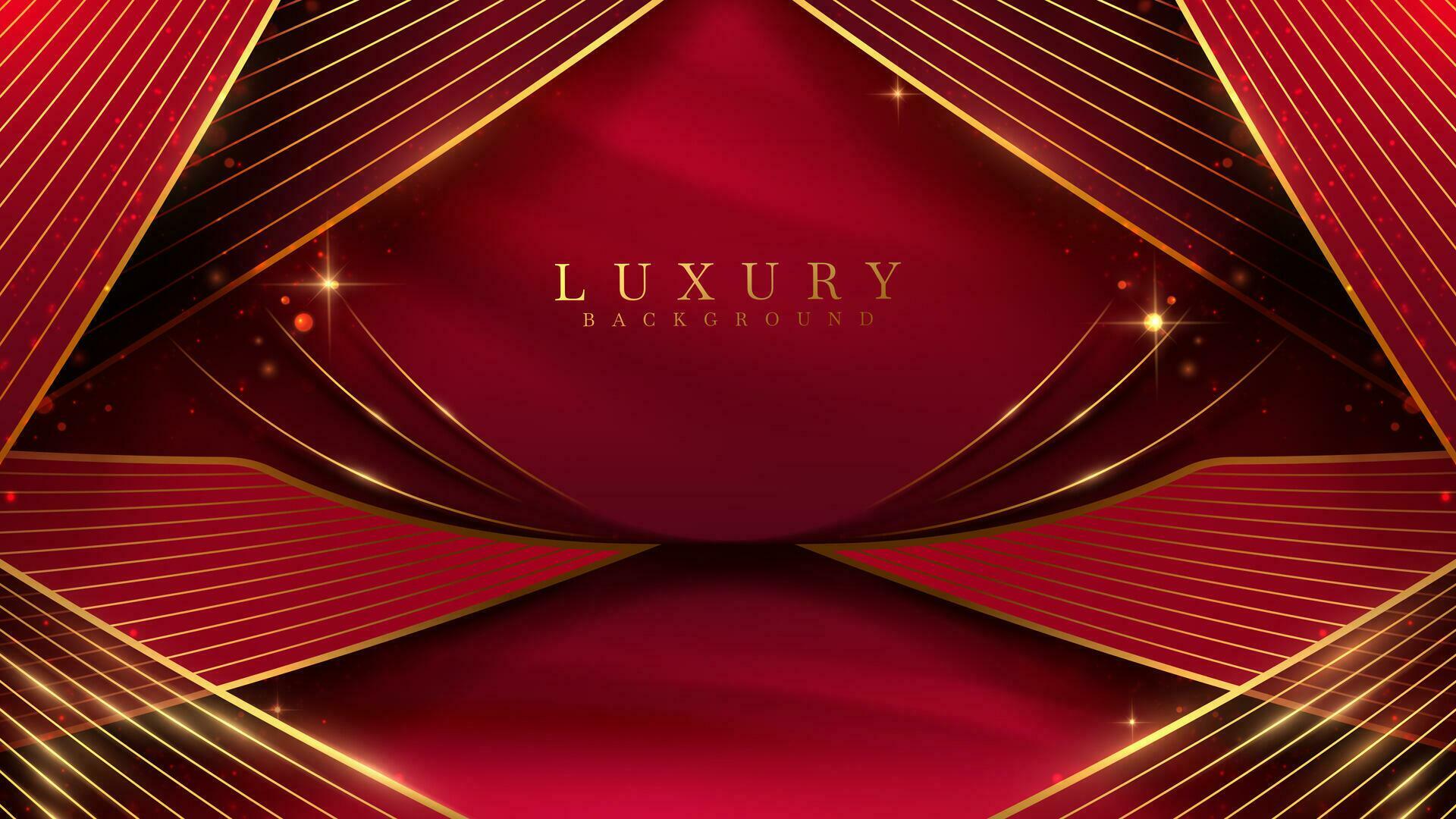 Luxury red color background with golden line elements and curve light effect decoration and ...