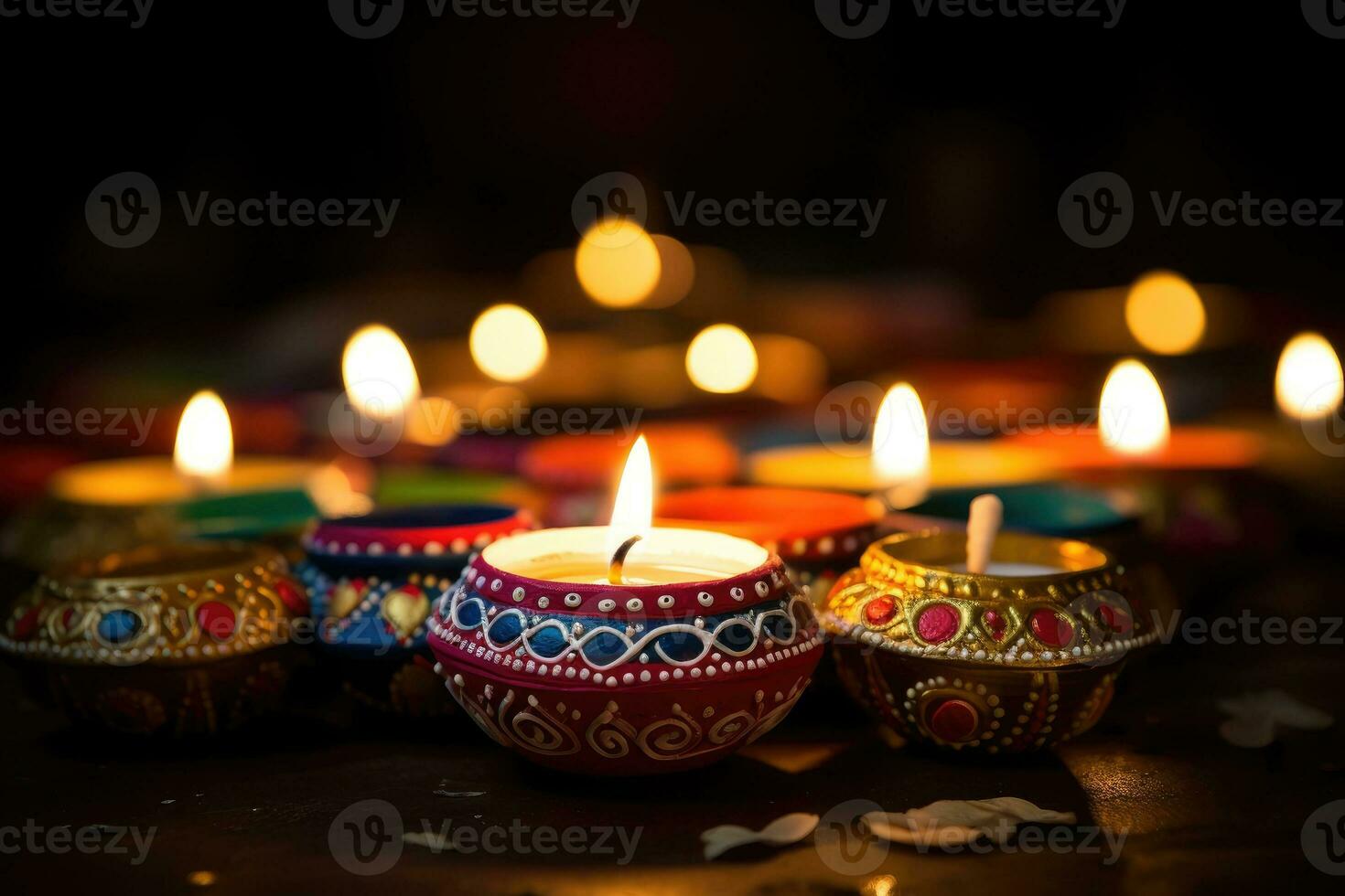 Happy Diwali. Clay Diya lamps during Diwali celebration, Hindu festival of lights celebration ...