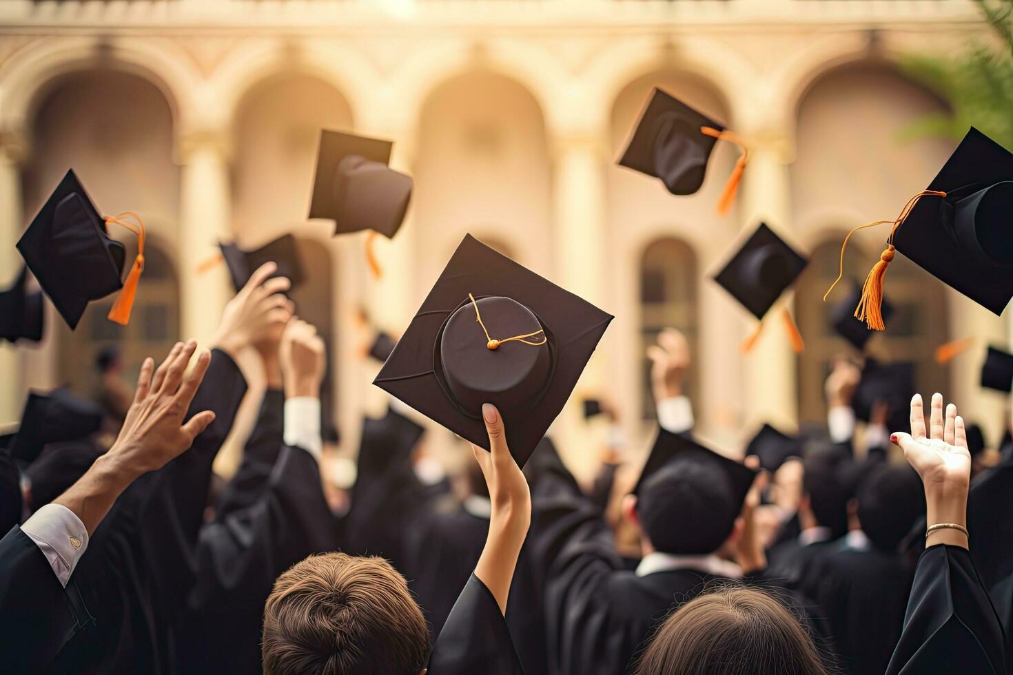 Graduates throwing their hats in the air during a graduation ceremony ...