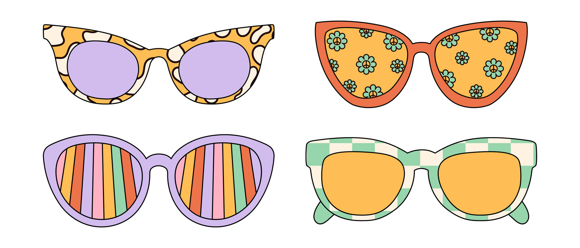 Set Of Groovy Sunglasses With Psychedelic Prints Vector Graphics Isolated On White Background