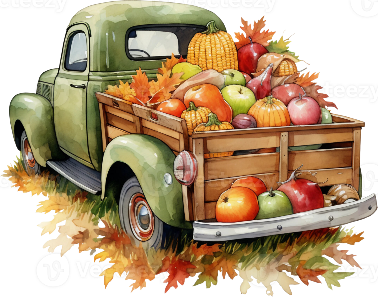 AI Generative Watercolor autumn old pickup truck clipart pumpkins ...