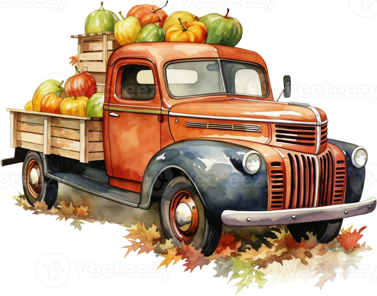AI Generative Watercolor autumn old pickup truck clipart pumpkins ...