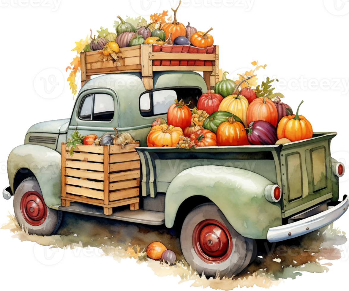 AI Generative Watercolor autumn old pickup truck clipart pumpkins ...