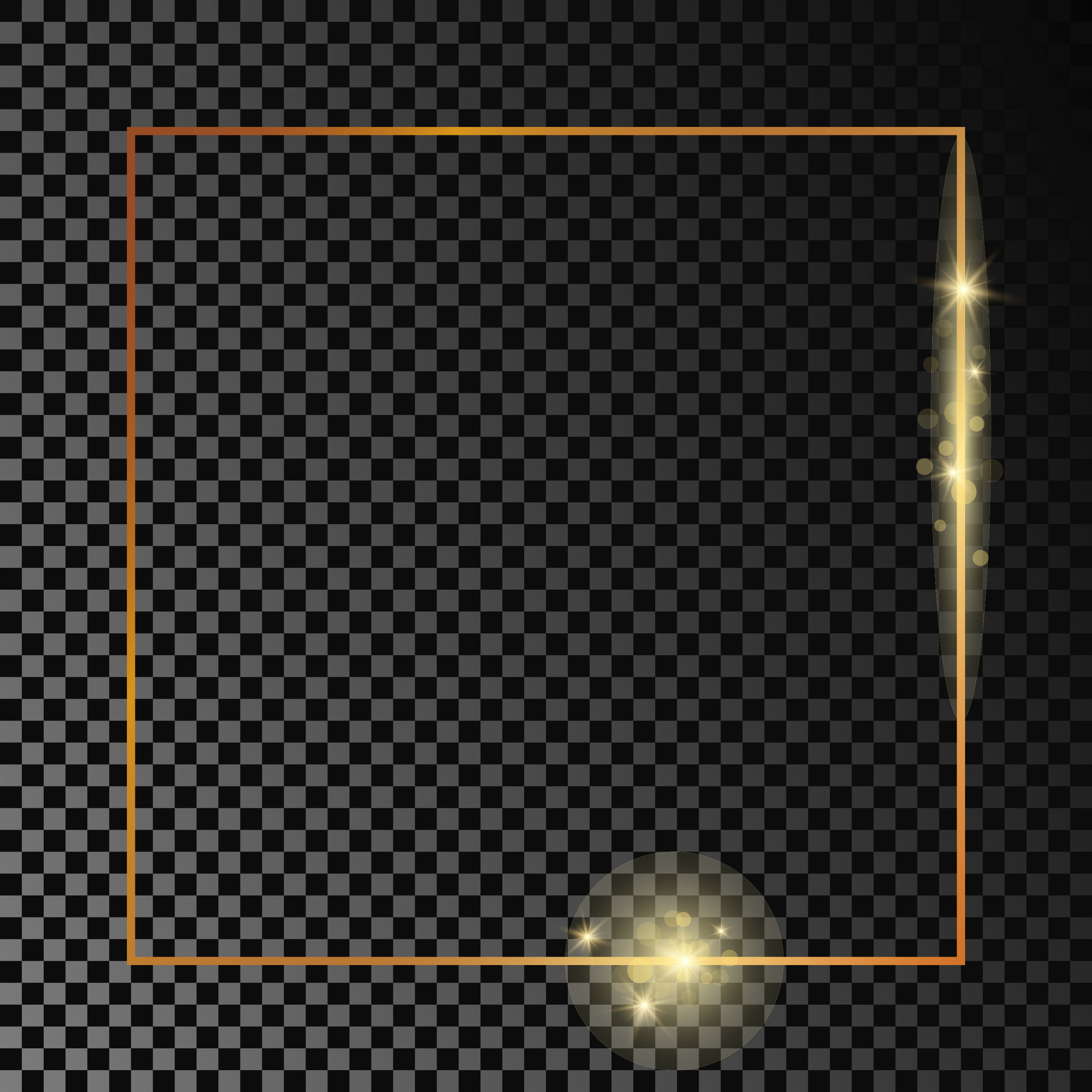 Gold glowing square frame isolated on dark background. Shiny frame with glowing effects. Vector ...