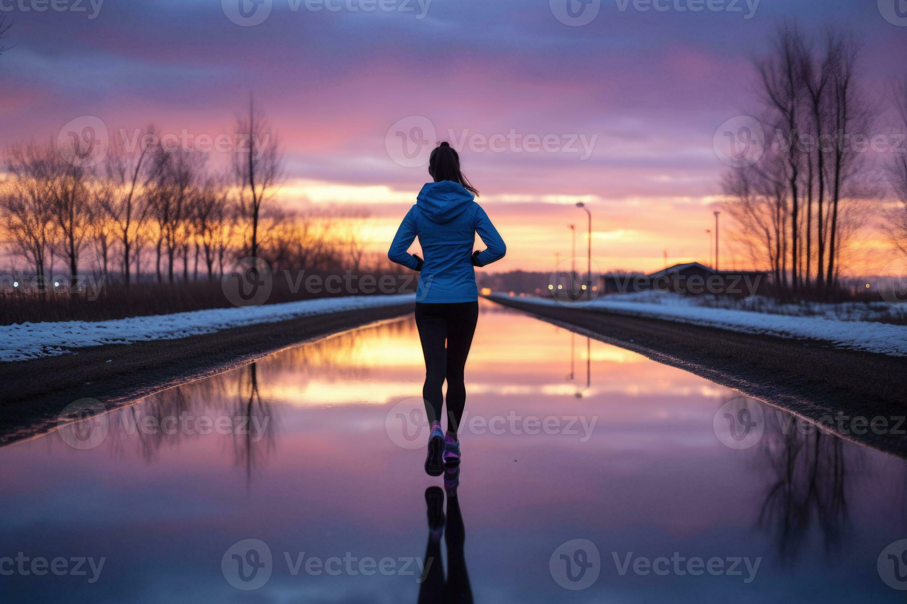 Woman running at dusk. Athlete woman on cold run jogging fast. Generative AI 32489478 Stock ...