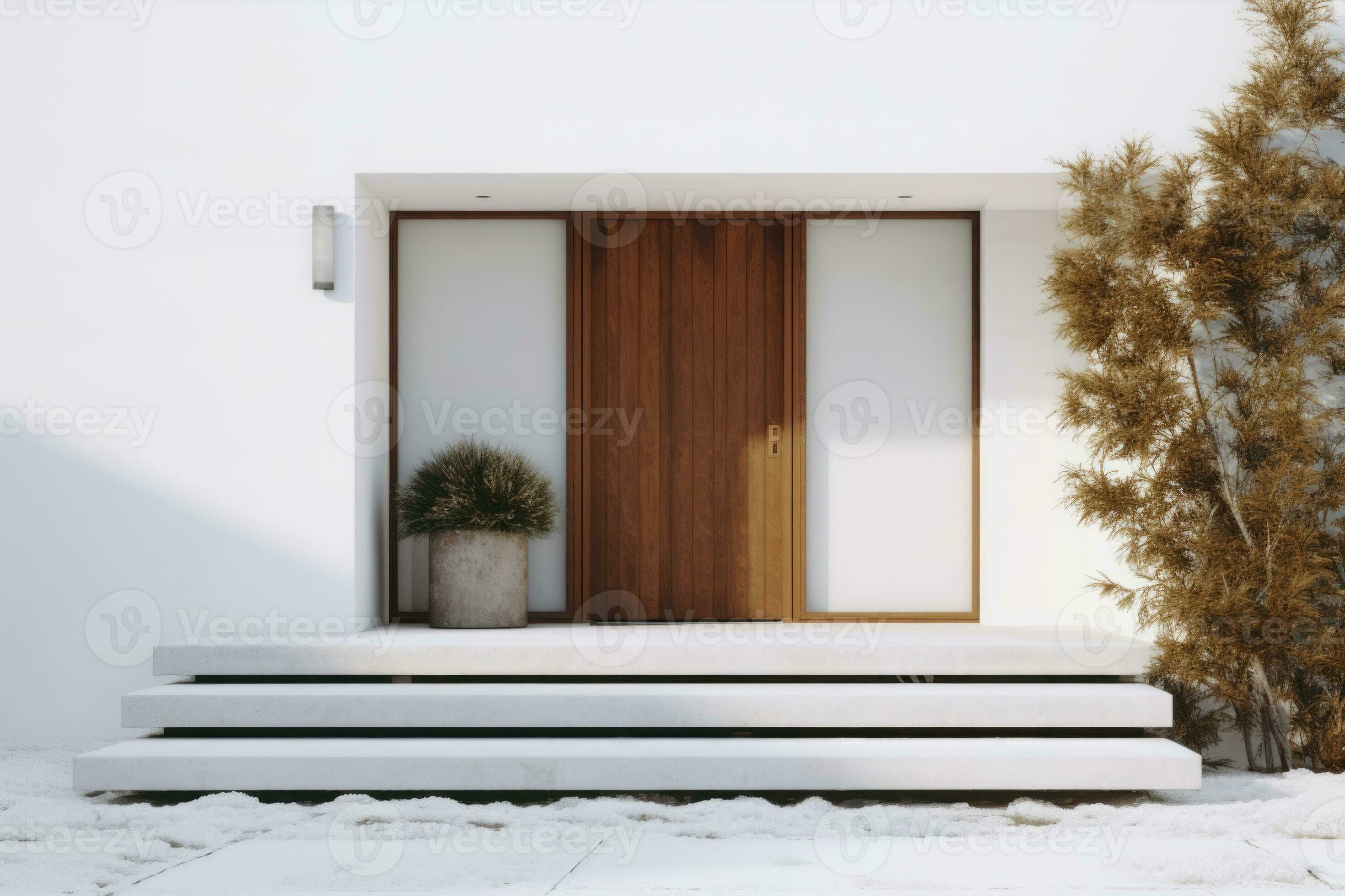 Modern minimalist home exterior. Windows and doors in white and brown ...