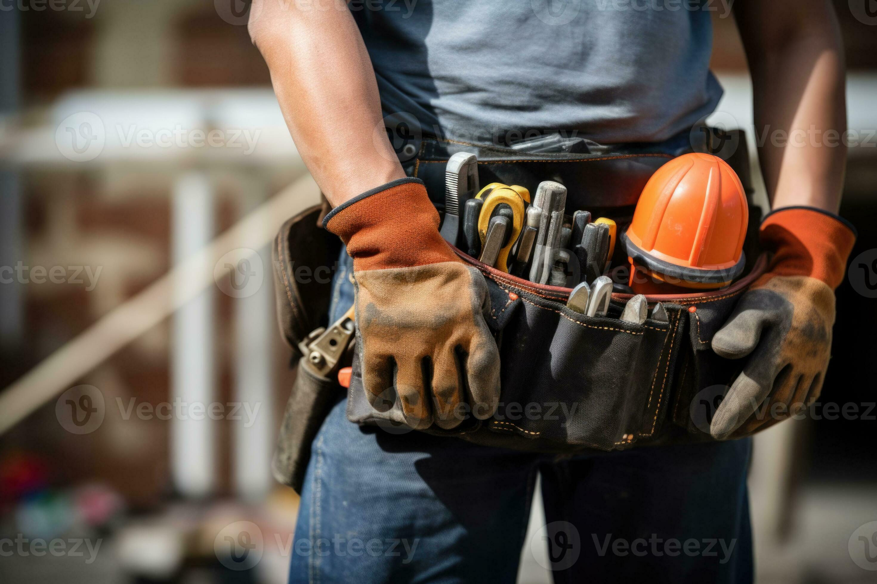 Handyman with tools belt. Detail of man hands holding work gloves and ...