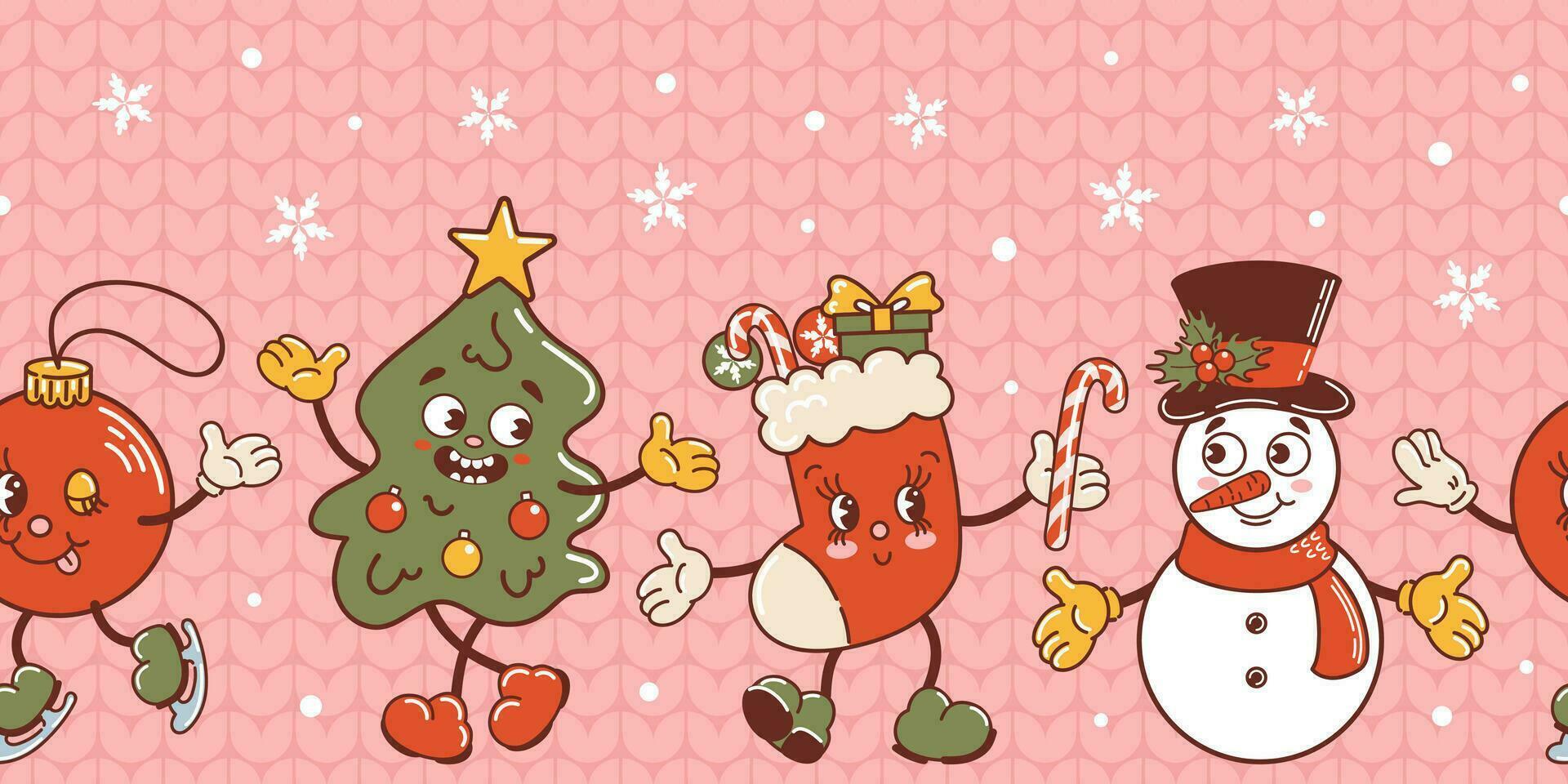 Snowman Christmas Tree And Stocking And Dancing Ball Is Skating Cute Old Retro Cartoon Style