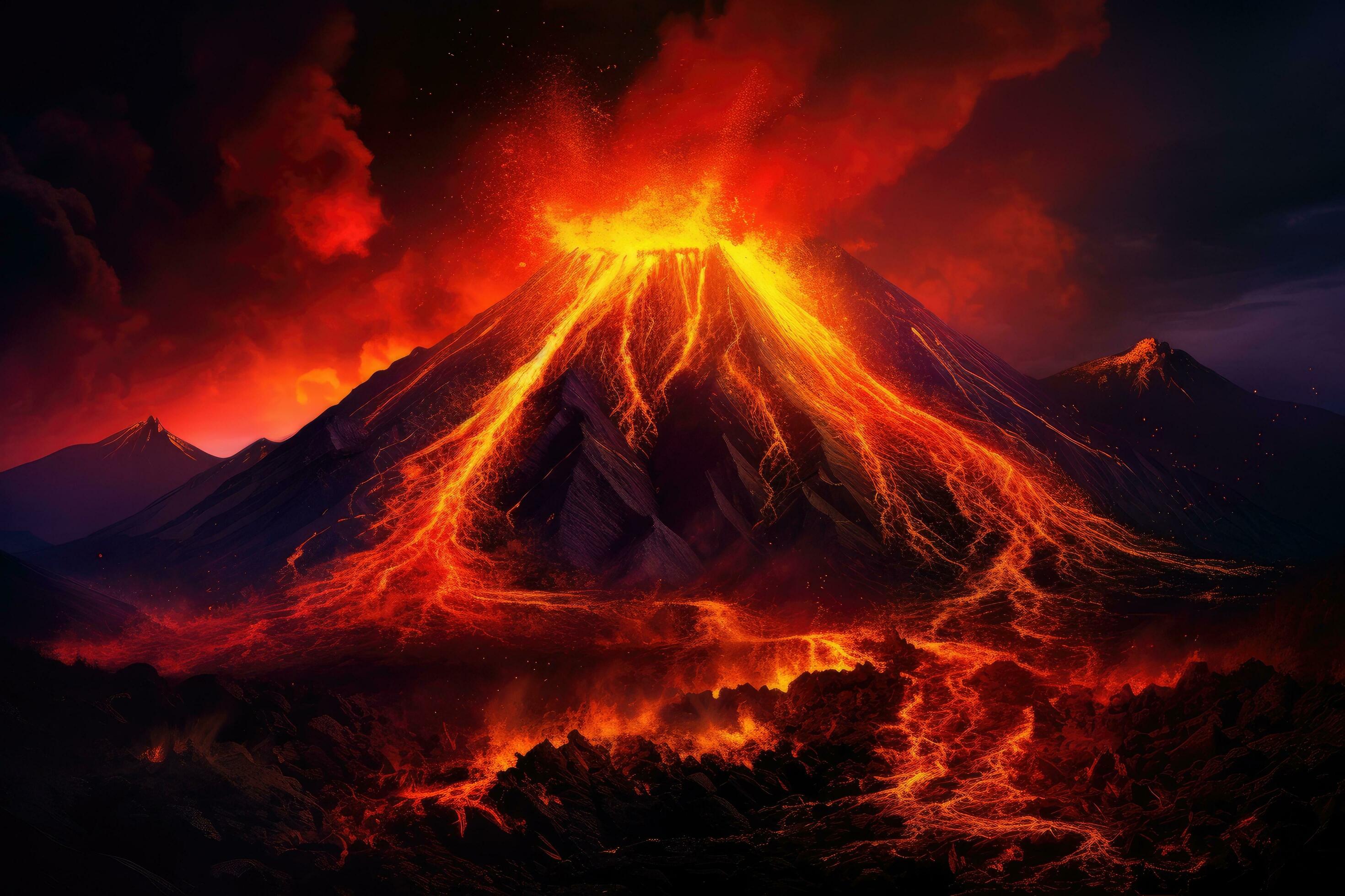 Volcano eruption at night, 3d render. Beautiful volcanic landscape ...