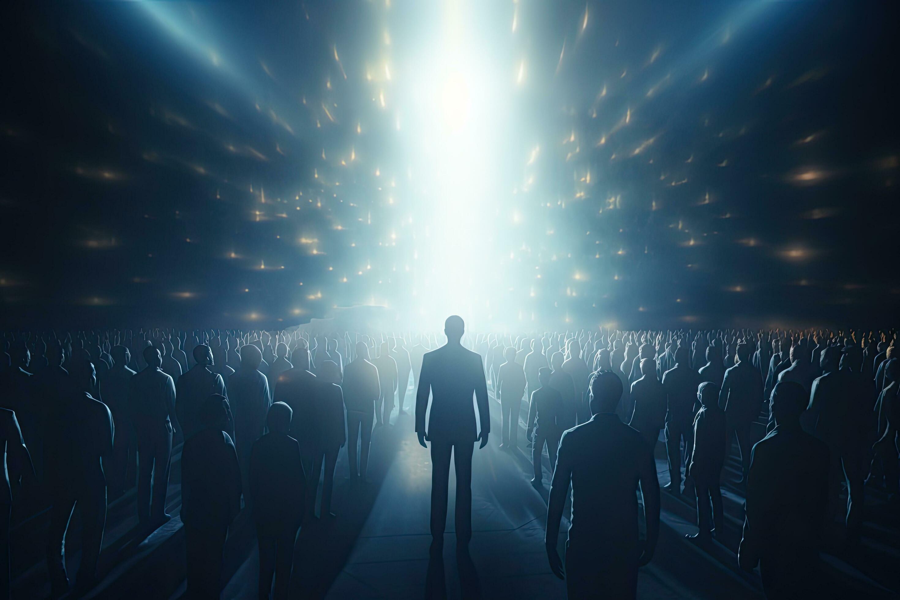 Businessman standing in front of a crowd of people with glowing lights, Leadership concept with ...