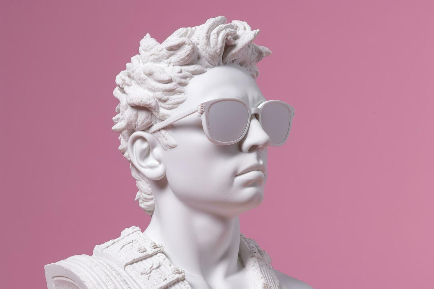 The Head Of A White Mythological Statue With Fashionable Pink Glasses On His Eyes Frame In